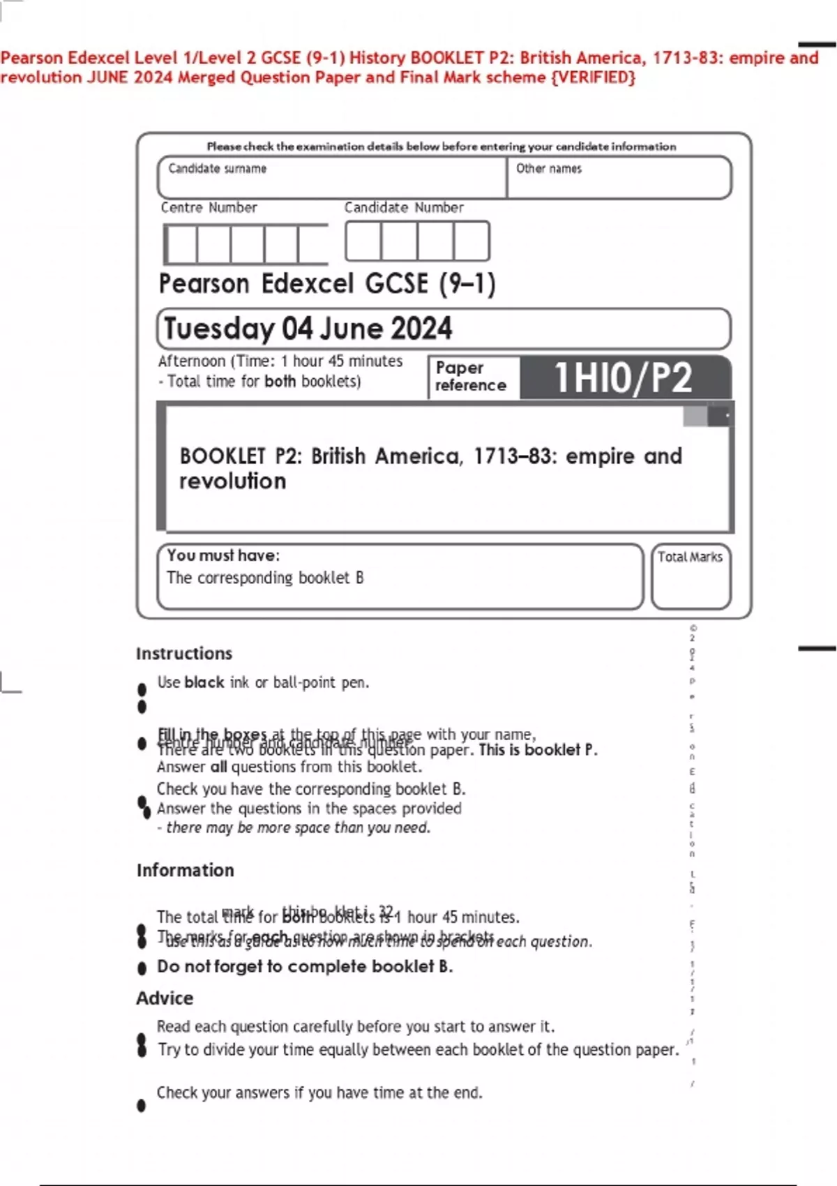 Pearson Edexcel Level 1/Level 2 GCSE (9–1) History BOOKLET P2: British ...