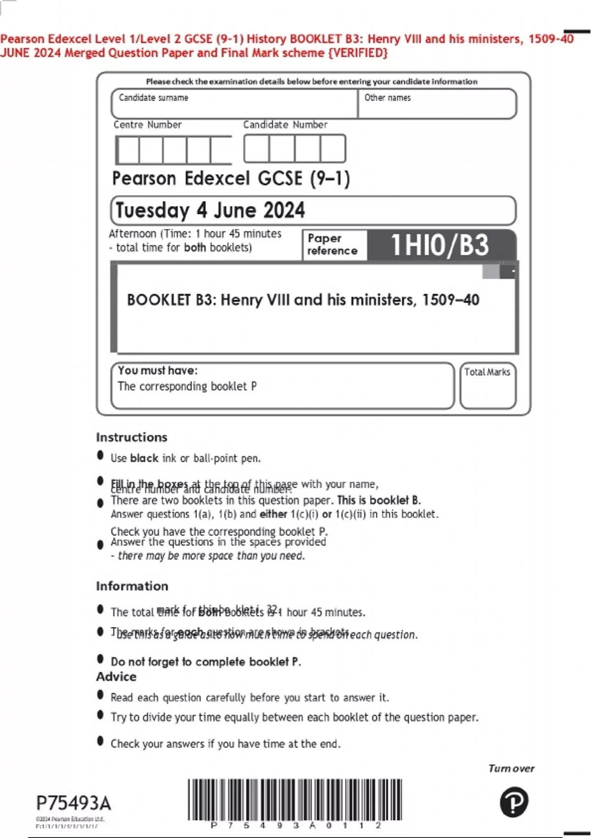 Pearson Edexcel Level 1/Level 2 GCSE (9–1) History BOOKLET B3: Henry ...