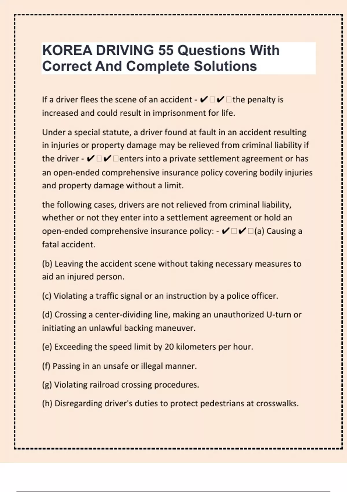 KOREA DRIVING 55 Questions With Correct And Complete Solutions - KOREA ...