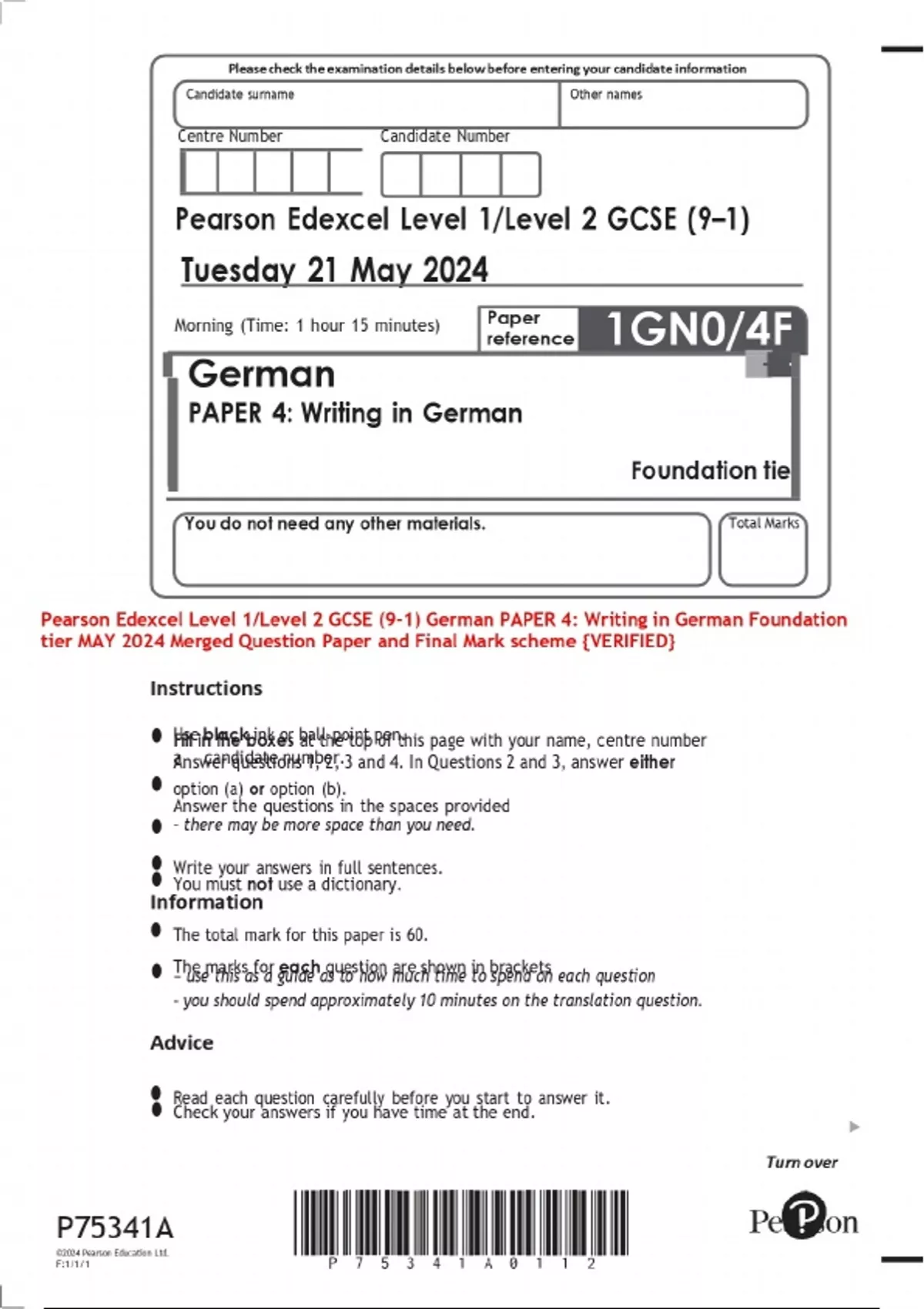 Pearson Edexcel Level 1/Level 2 GCSE (9–1) German PAPER 4: Writing in ...