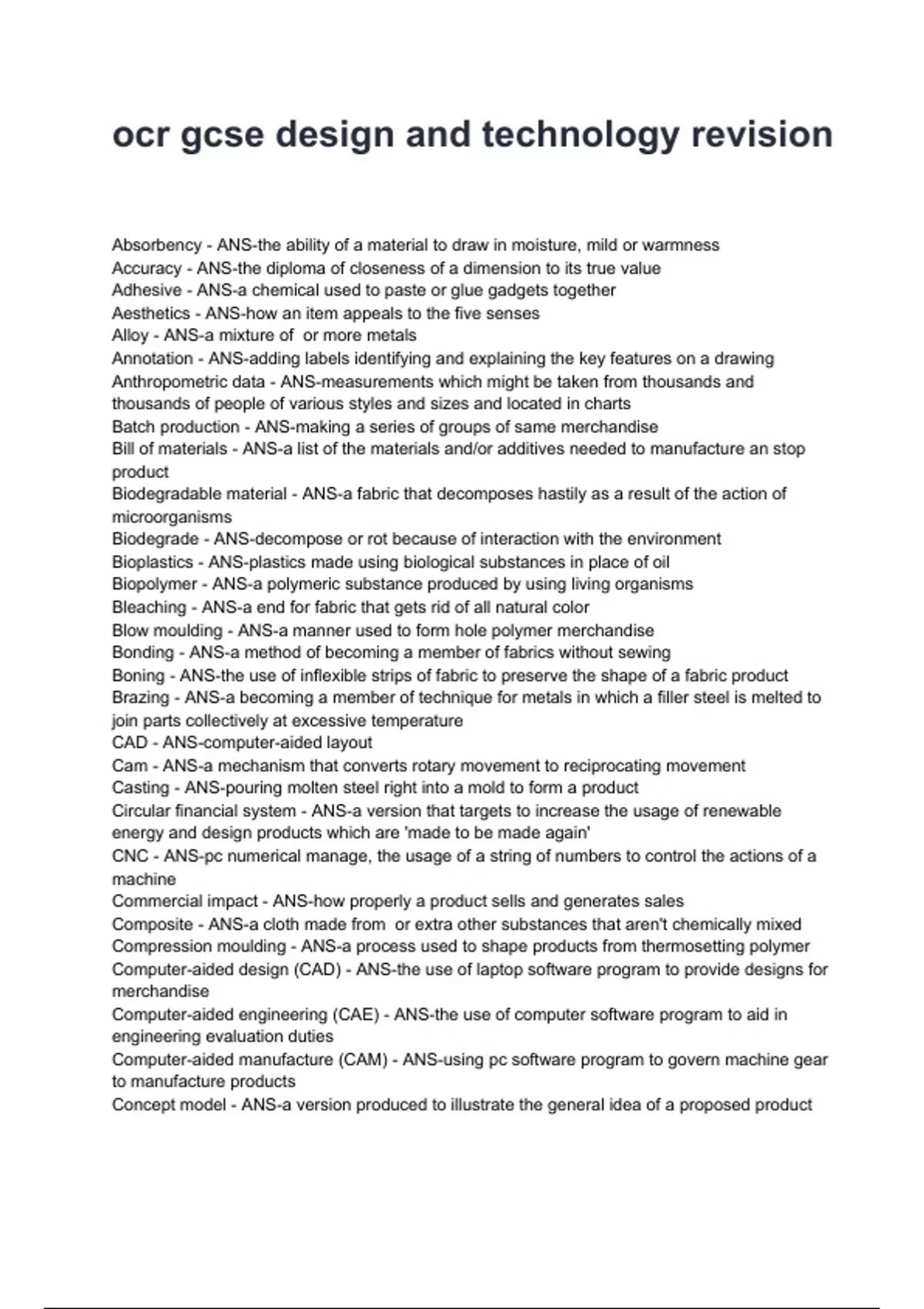 ocr gcse design and technology revision 2025/2026 ACTUAL EXAM COMPLETE ...
