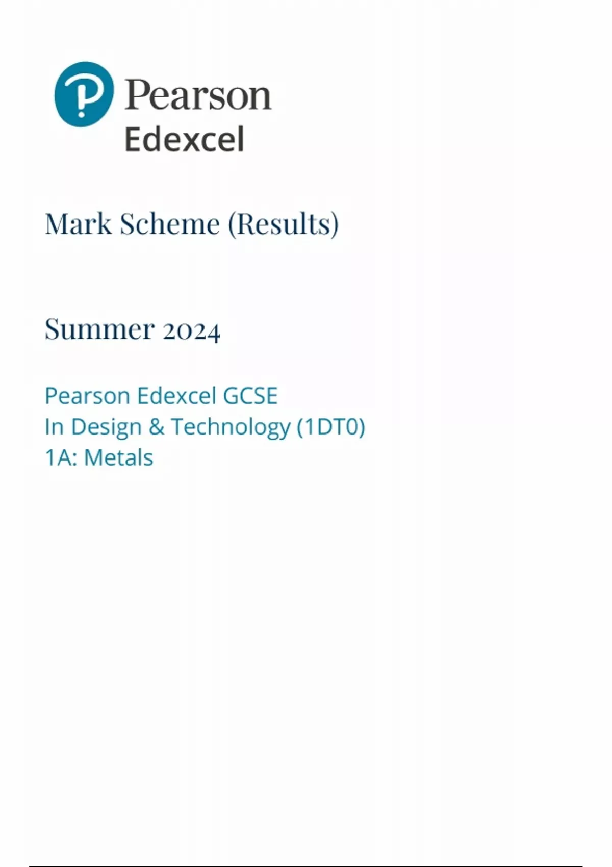 2024 Pearson Edexcel Gcse Design and Technology Mark Scheme Paper 1 ...