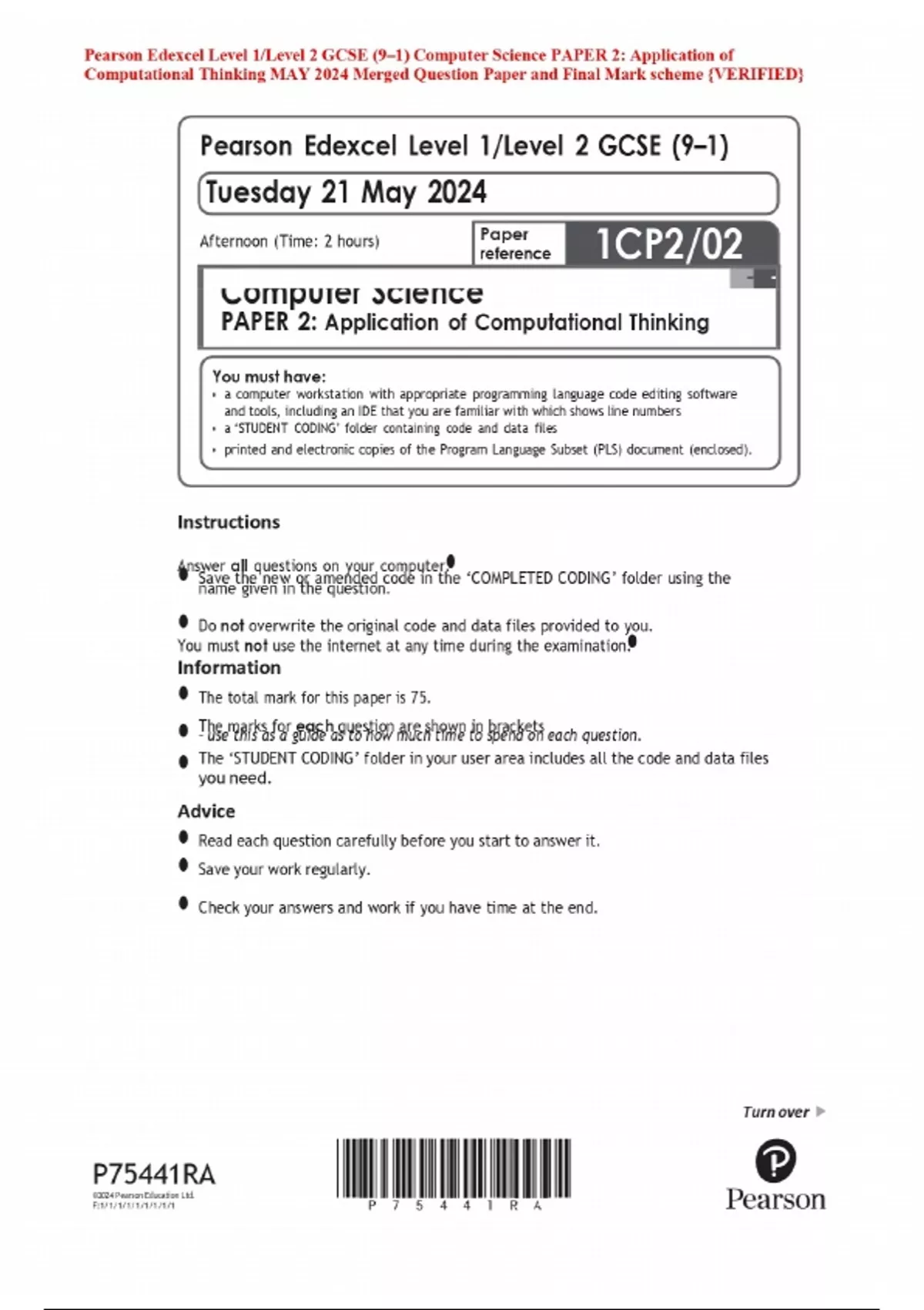 PACKAGE DEAL::: Pearson Edexcel Level 1/Level 2 GCSE (9–1) Computer Science 2024 Question Paper ...