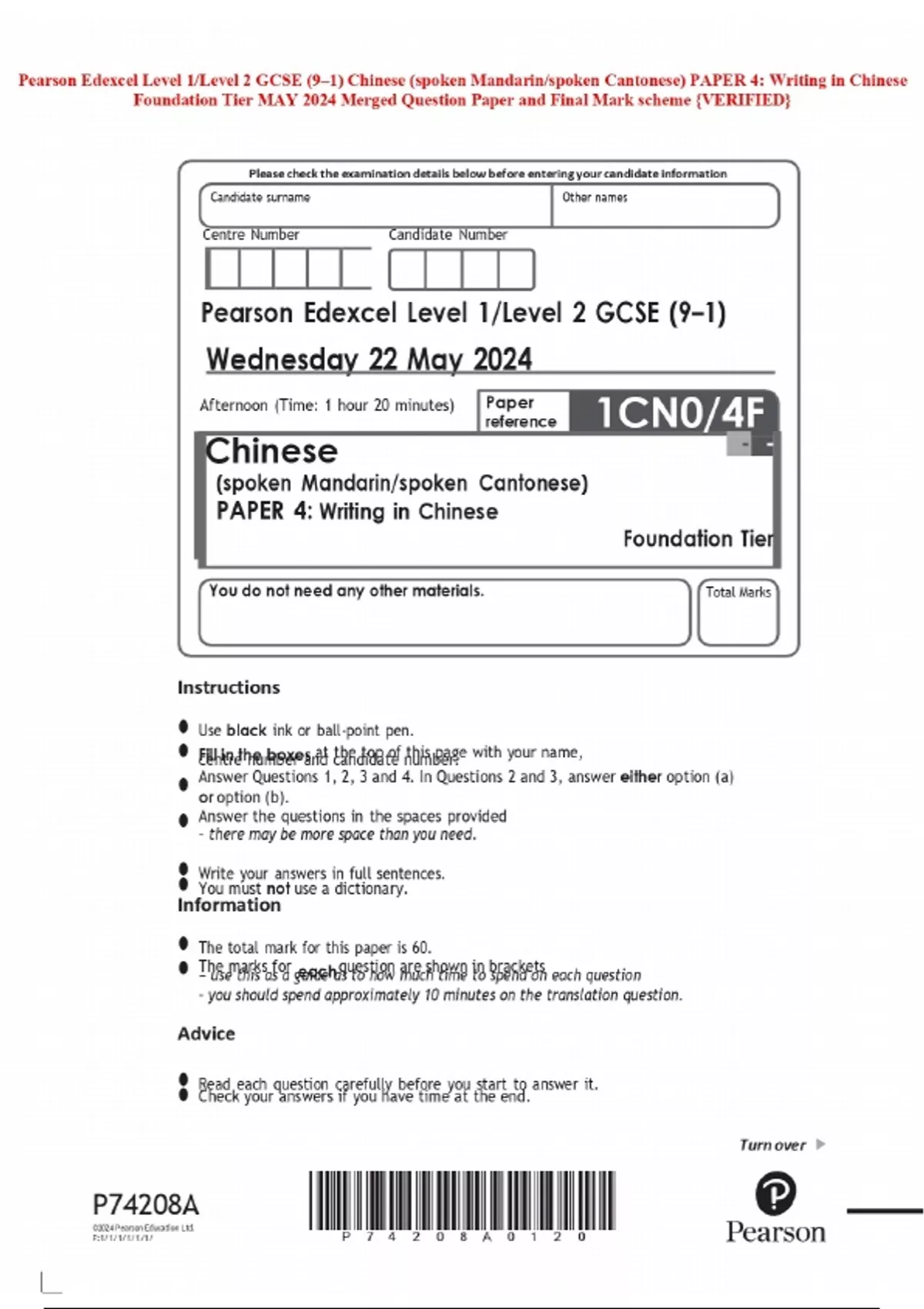 Pearson Edexcel Level 1/Level 2 GCSE (9–1) Chinese (spoken Mandarin ...