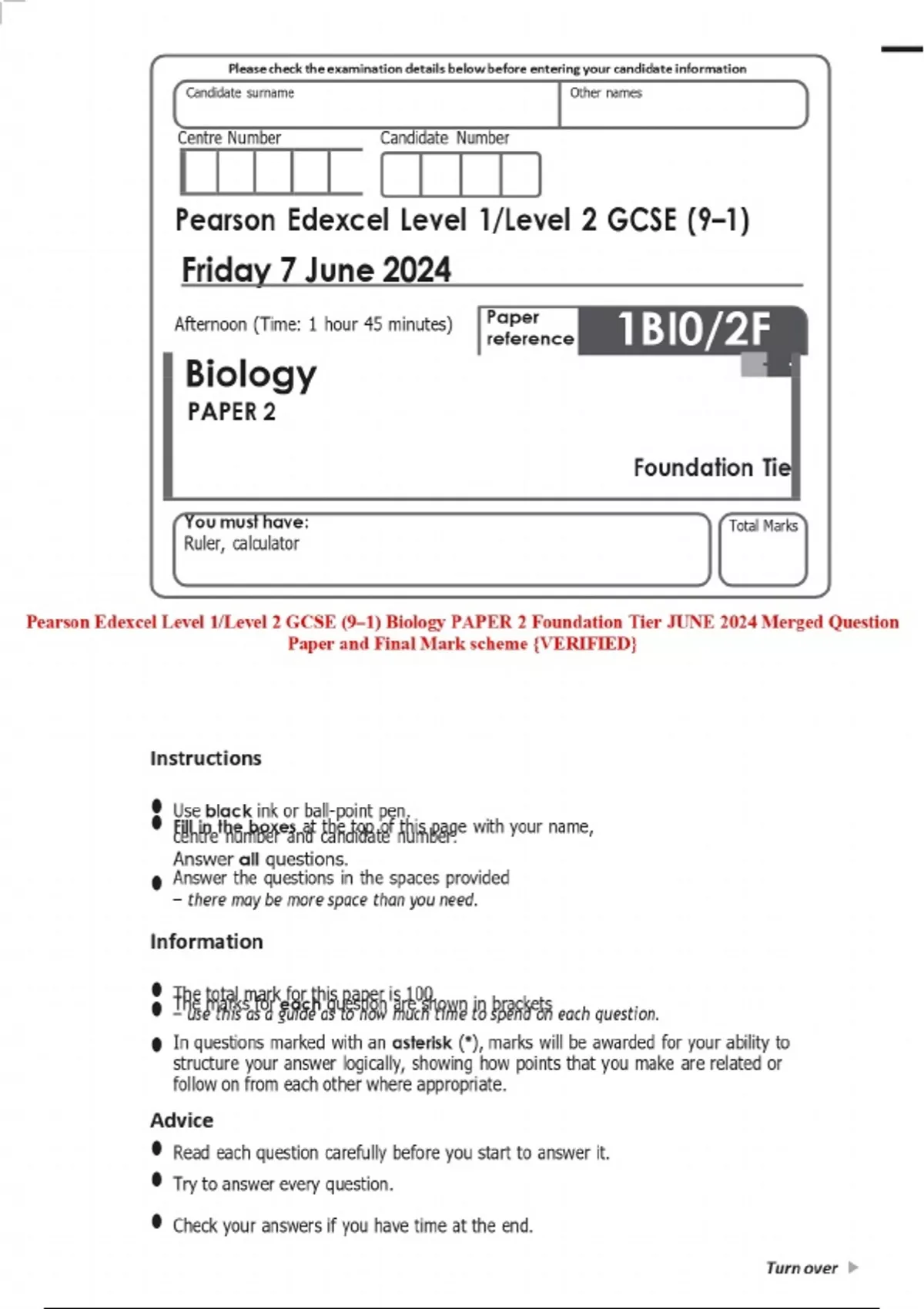 Pearson Edexcel Level 1/Level 2 GCSE (9–1) Biology PAPER 2 Foundation ...