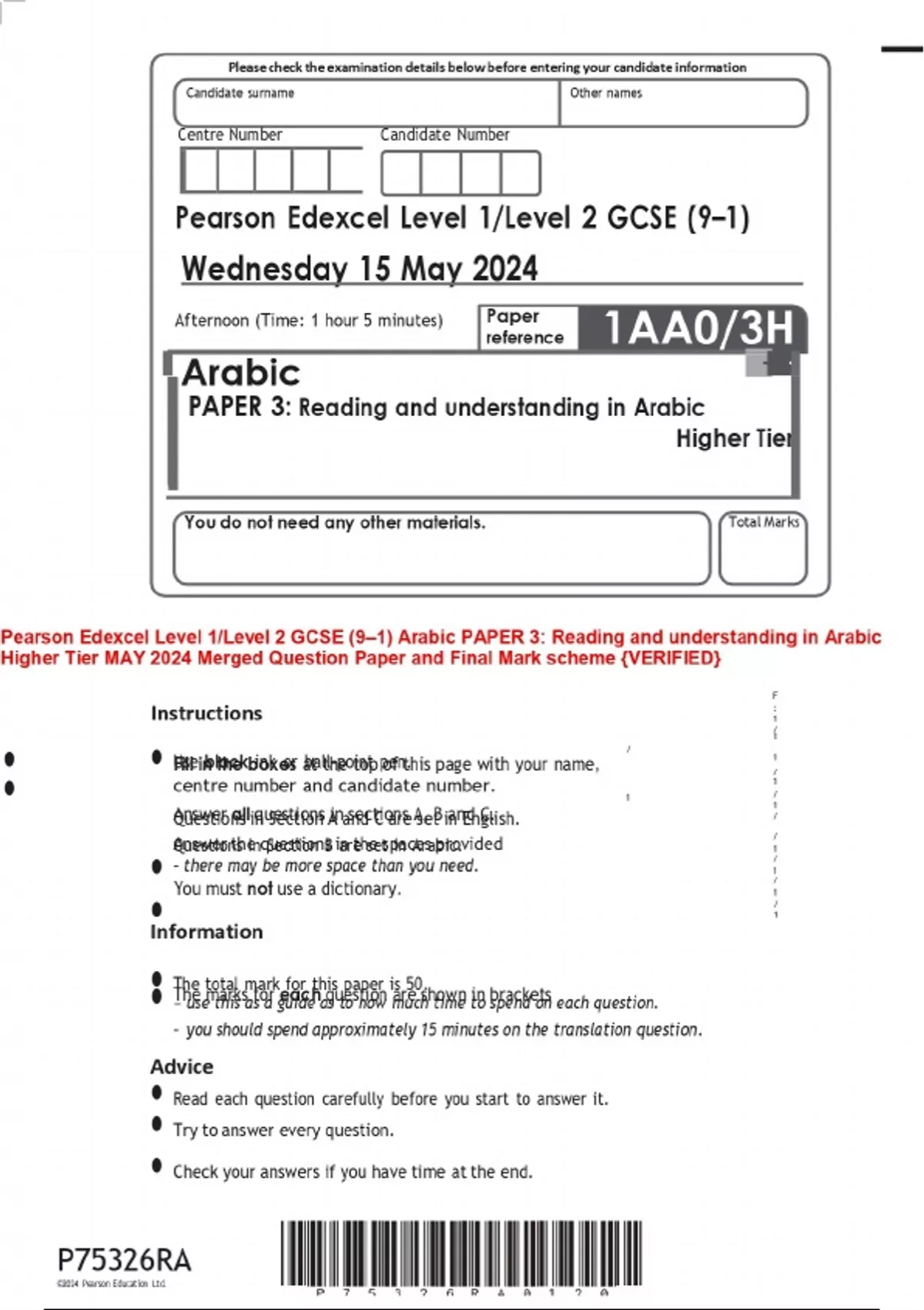 Pearson Edexcel Level 1/Level 2 GCSE (9–1) Arabic PAPER 3: Reading and ...
