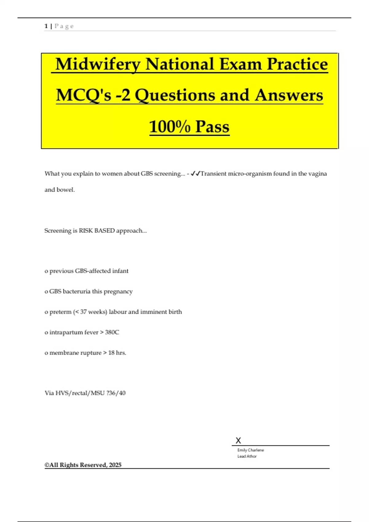 Midwifery National Exam Practice MCQ's -2 Questions and Answers 100% ...