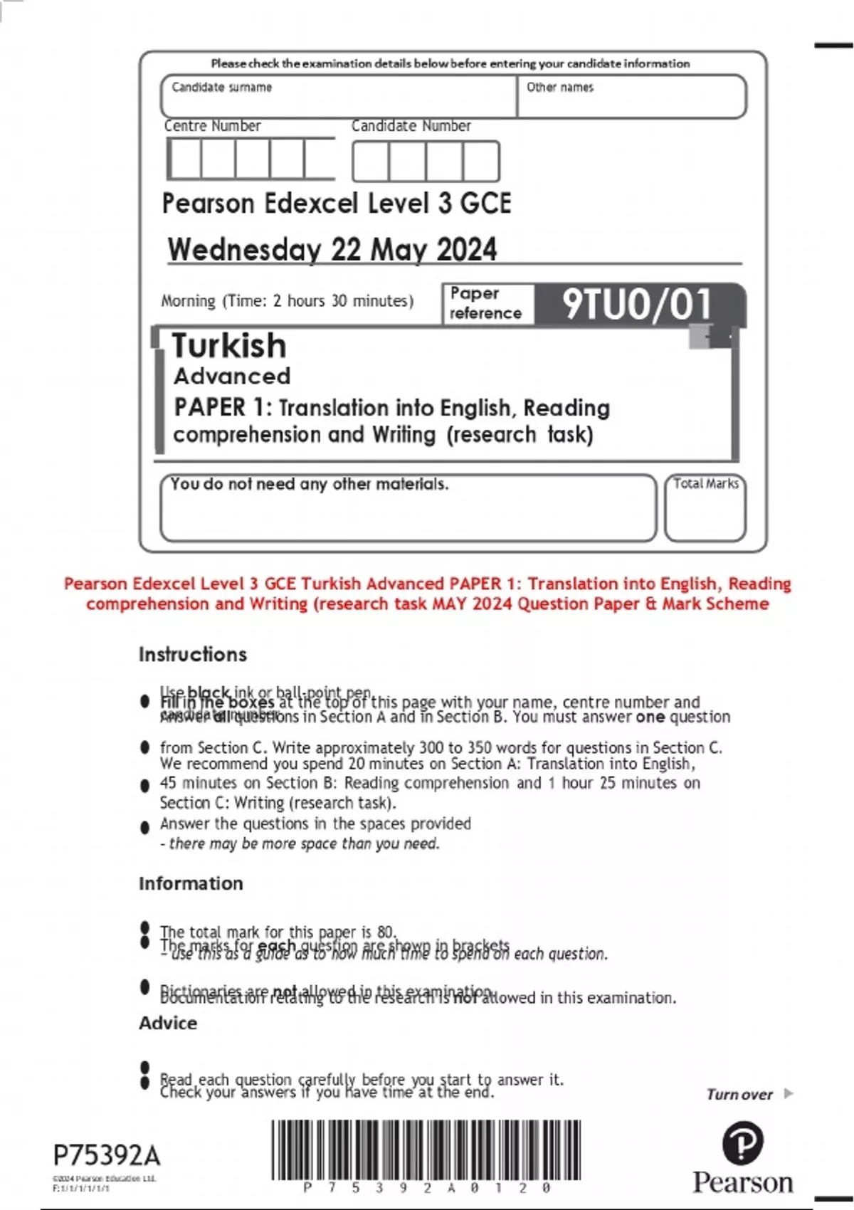 Pearson Edexcel Level 3 GCE Turkish Advanced PAPER 1: Translation into ...