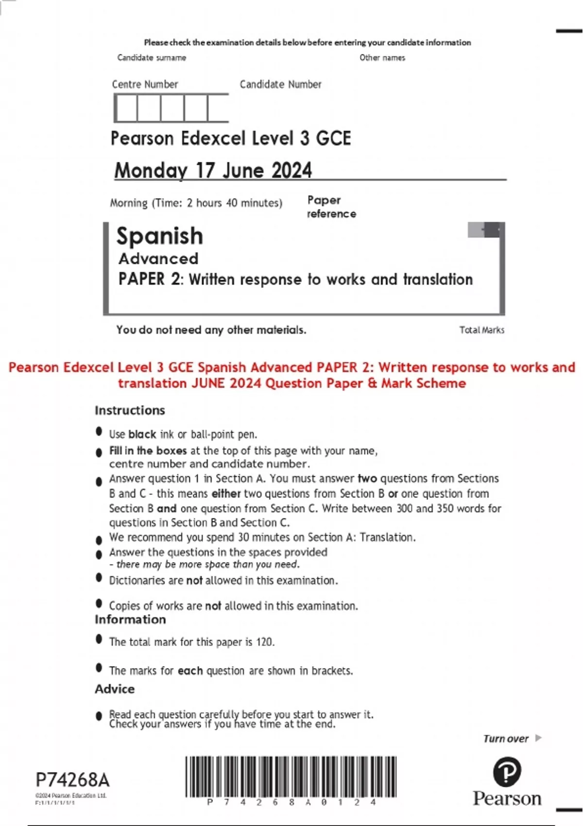 Pearson Edexcel Level 3 GCE Spanish Advanced PAPER 2: Written response ...