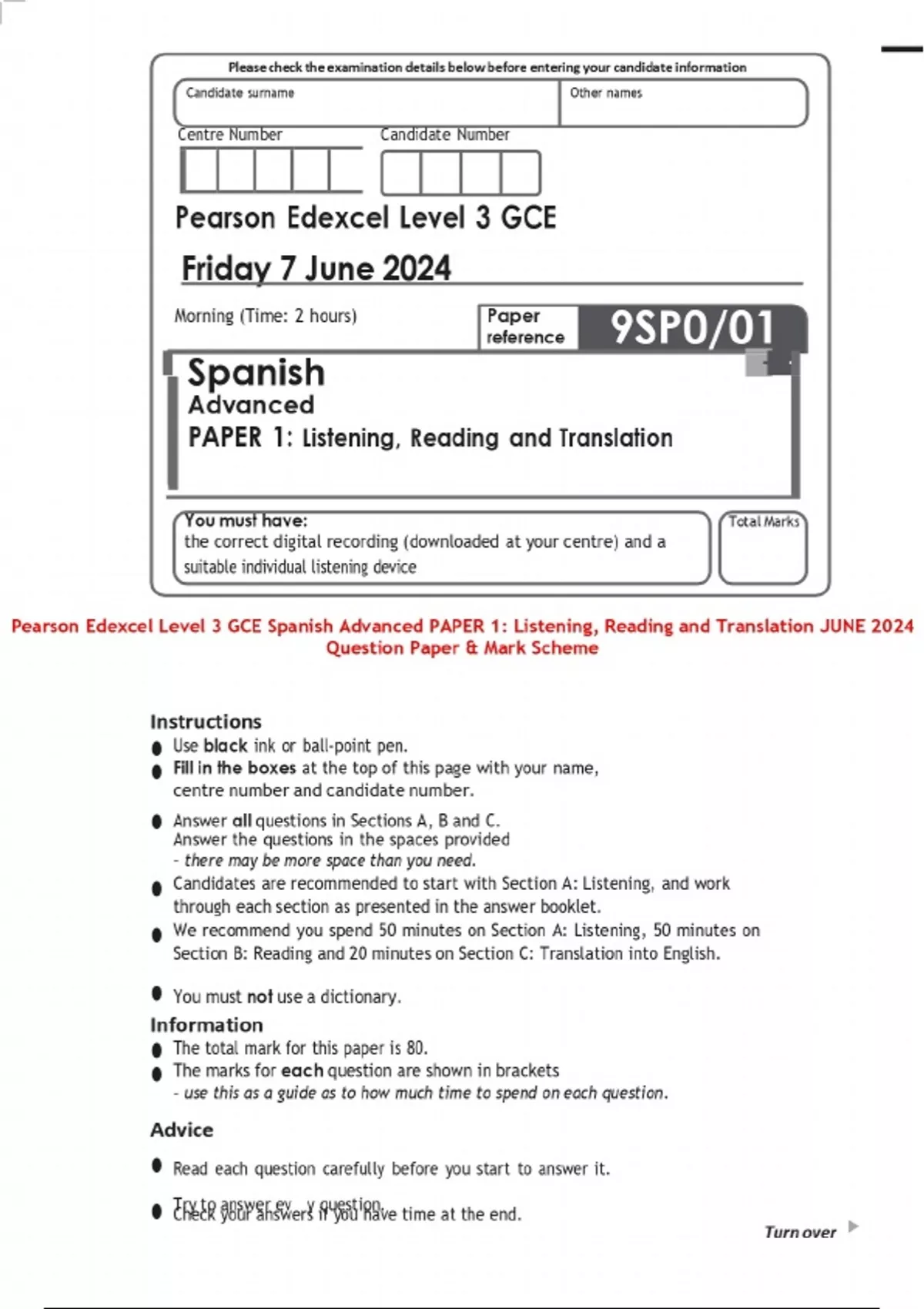 Pearson Edexcel Level 3 GCE Spanish Advanced PAPER 1: Listening ...