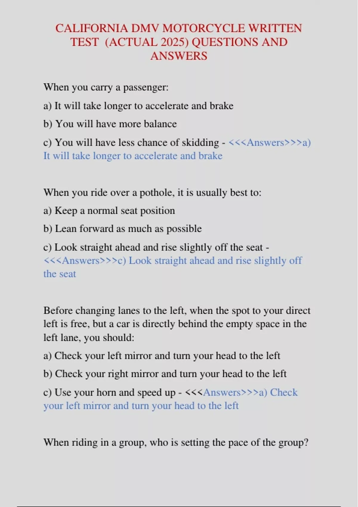CALIFORNIA DMV MOTORCYCLE WRITTEN TEST (ACTUAL 2025) QUESTIONS AND ...