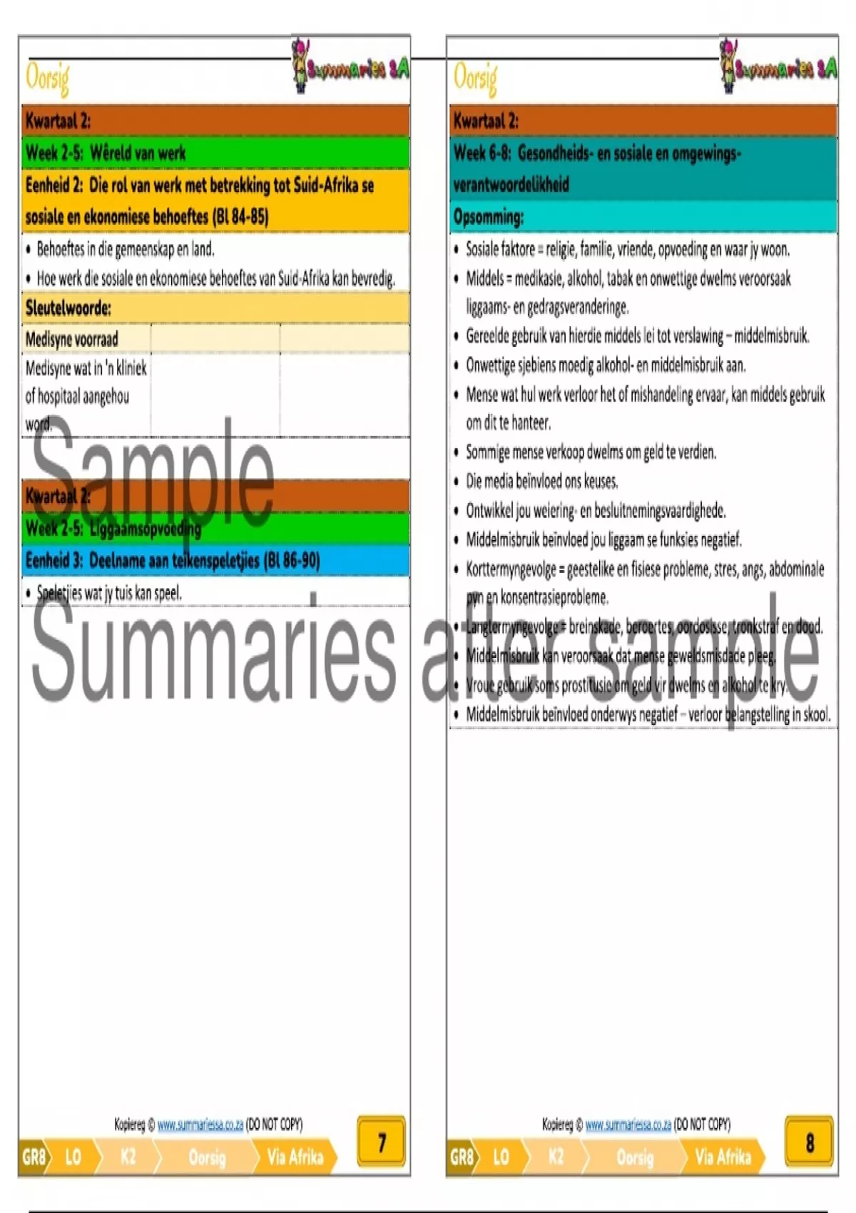 Summary Graad 8 Lewensoriëntering (LO) Kwartaal 2 Opsommings (Via ...