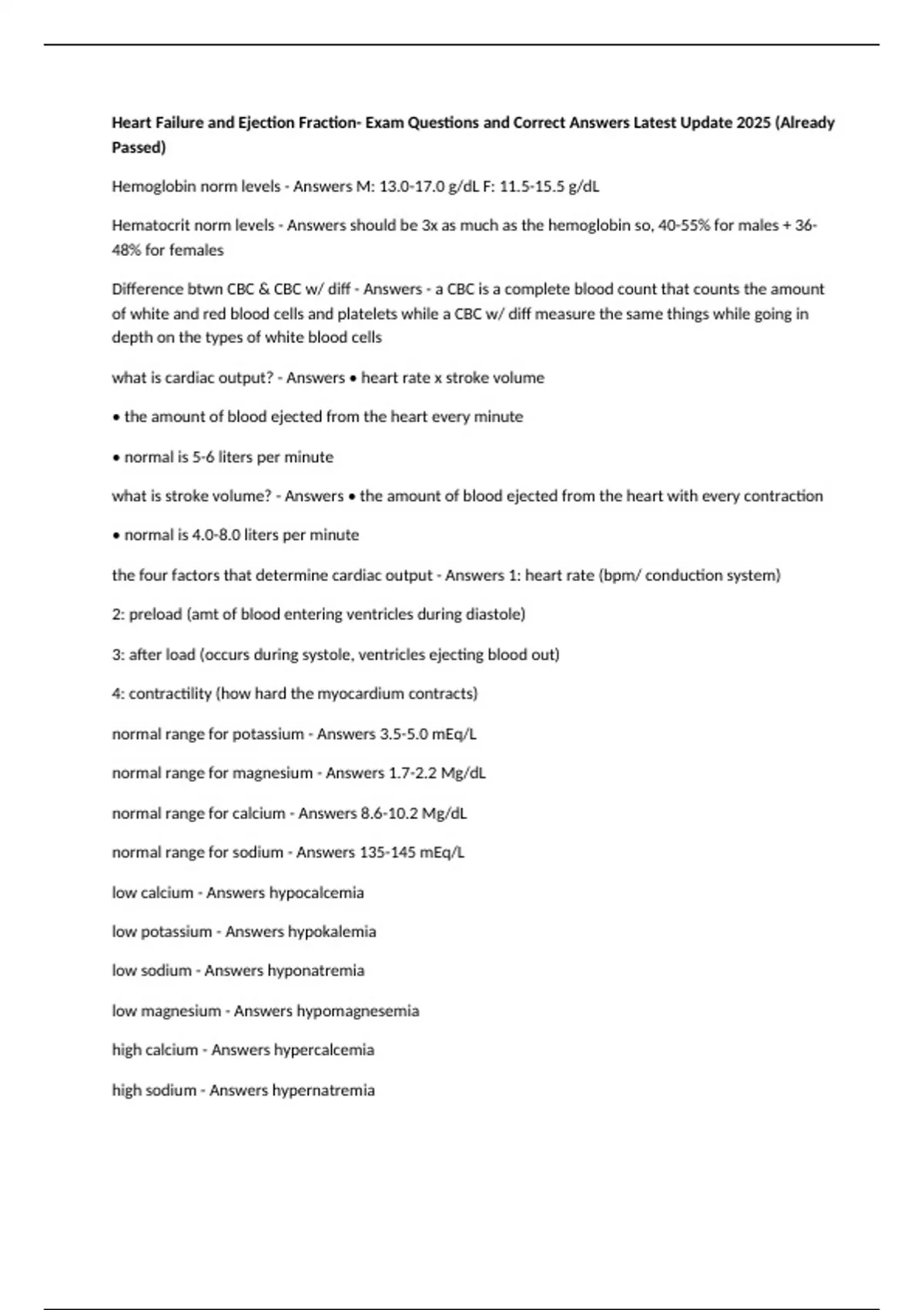 Heart Failure and Ejection Fraction- Exam Questions and Correct Answers ...