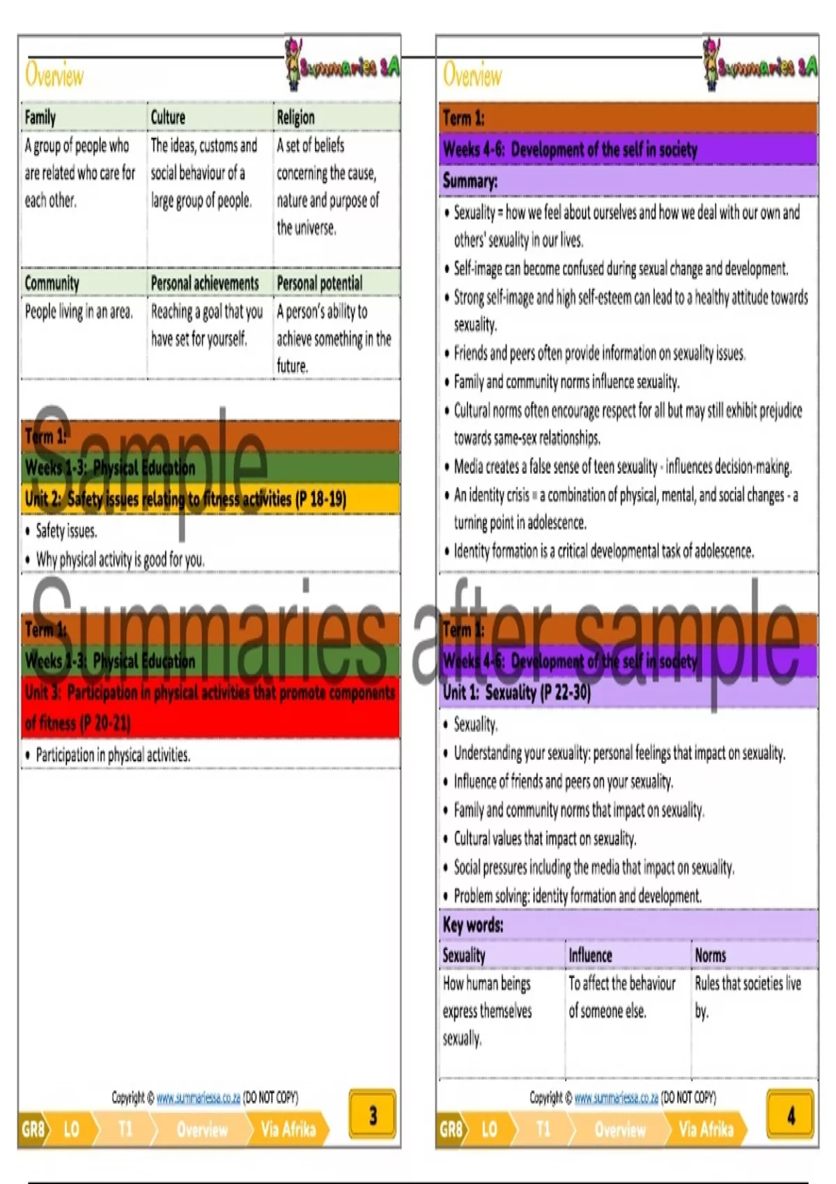 Summary Grade 8 Life Orientation (LO) Summaries Term 1 (Via Afrika ...