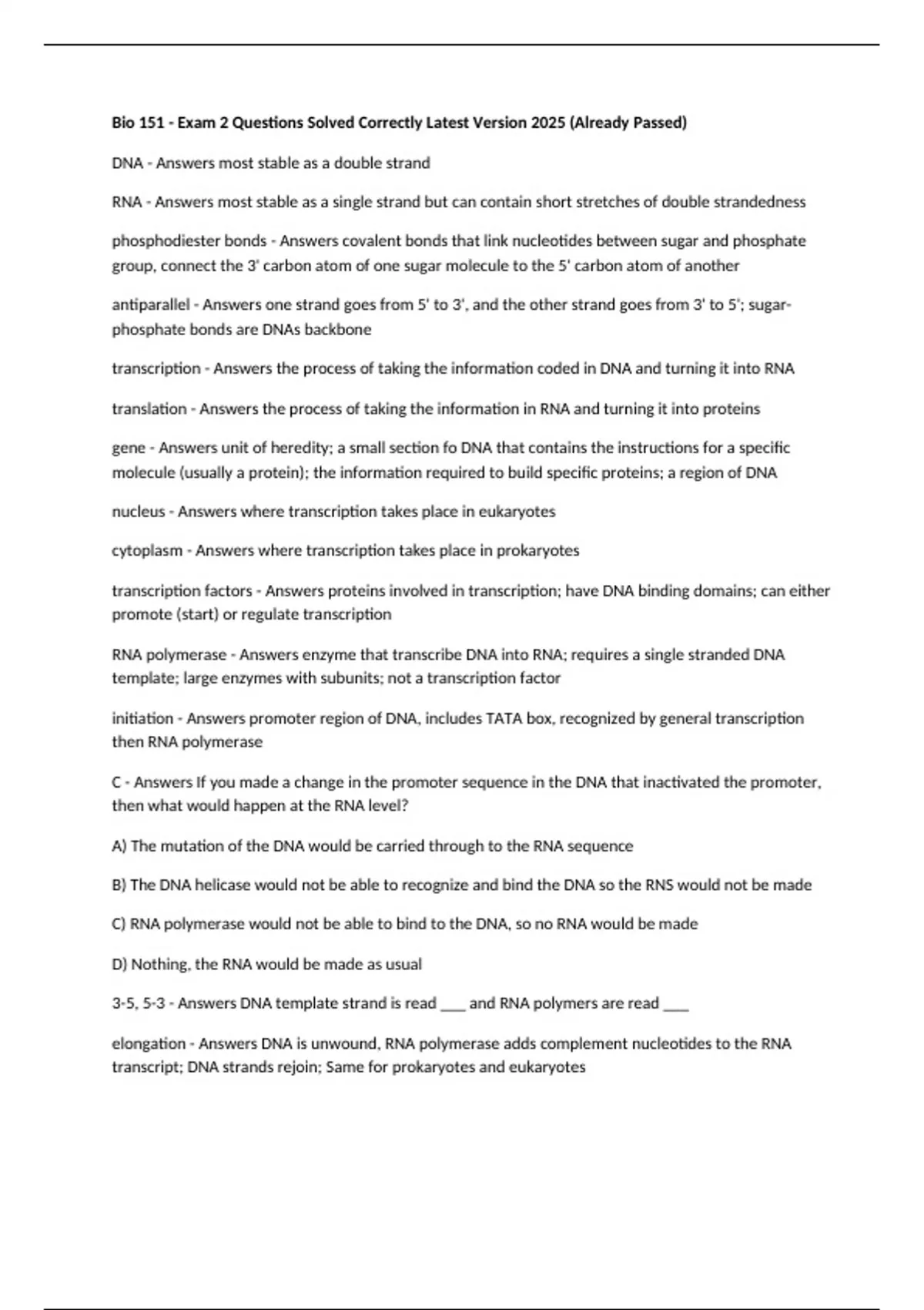 Bio 151 - Exam 2 Questions Solved Correctly Latest Version 2025 ...