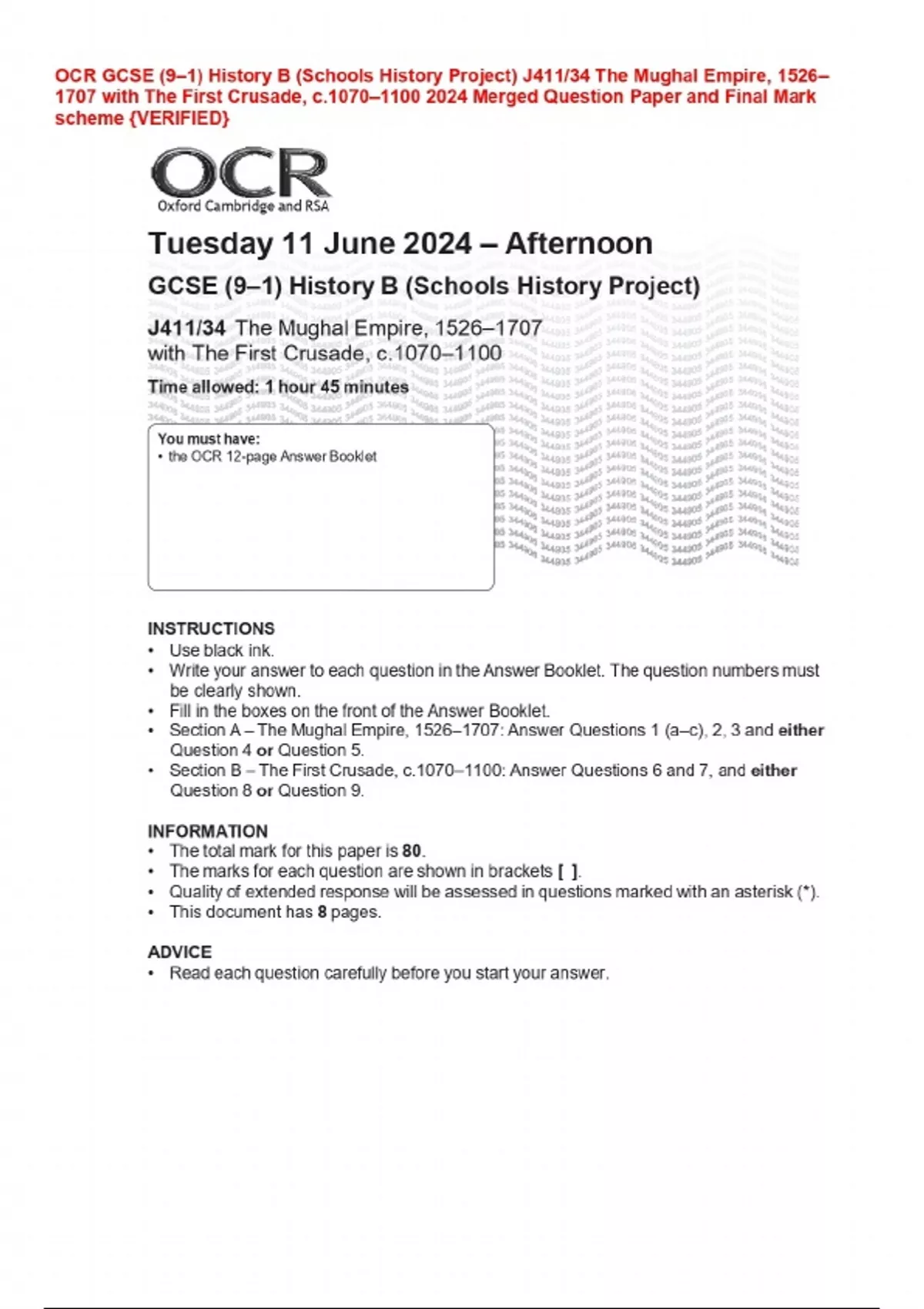 OCR GCSE (9–1) History 2024 Question Paper and Mark Scheme - Stuvia US