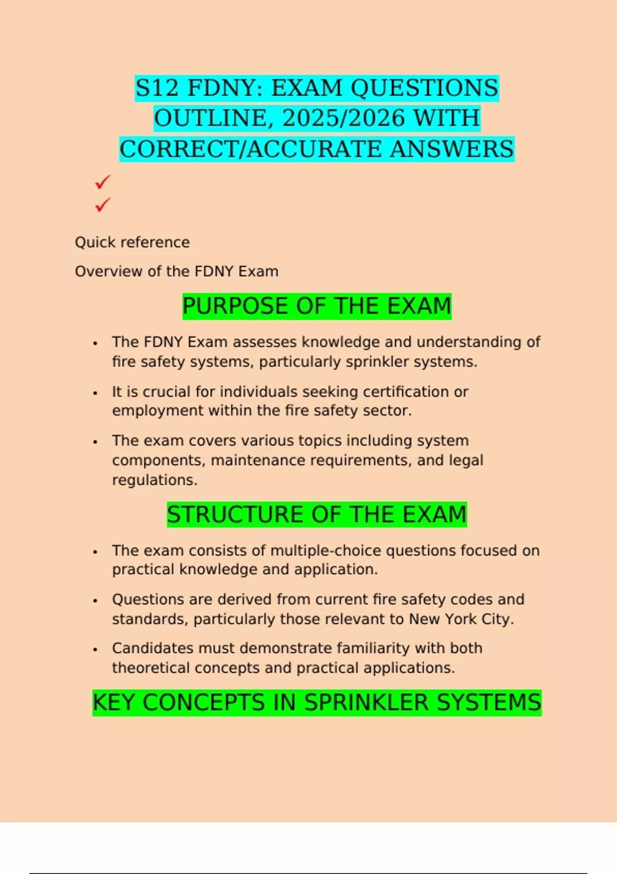 S12 FDNY: EXAM QUESTIONS OUTLINE, 2025/2026 WITH CORRECT/ACCURATE ...