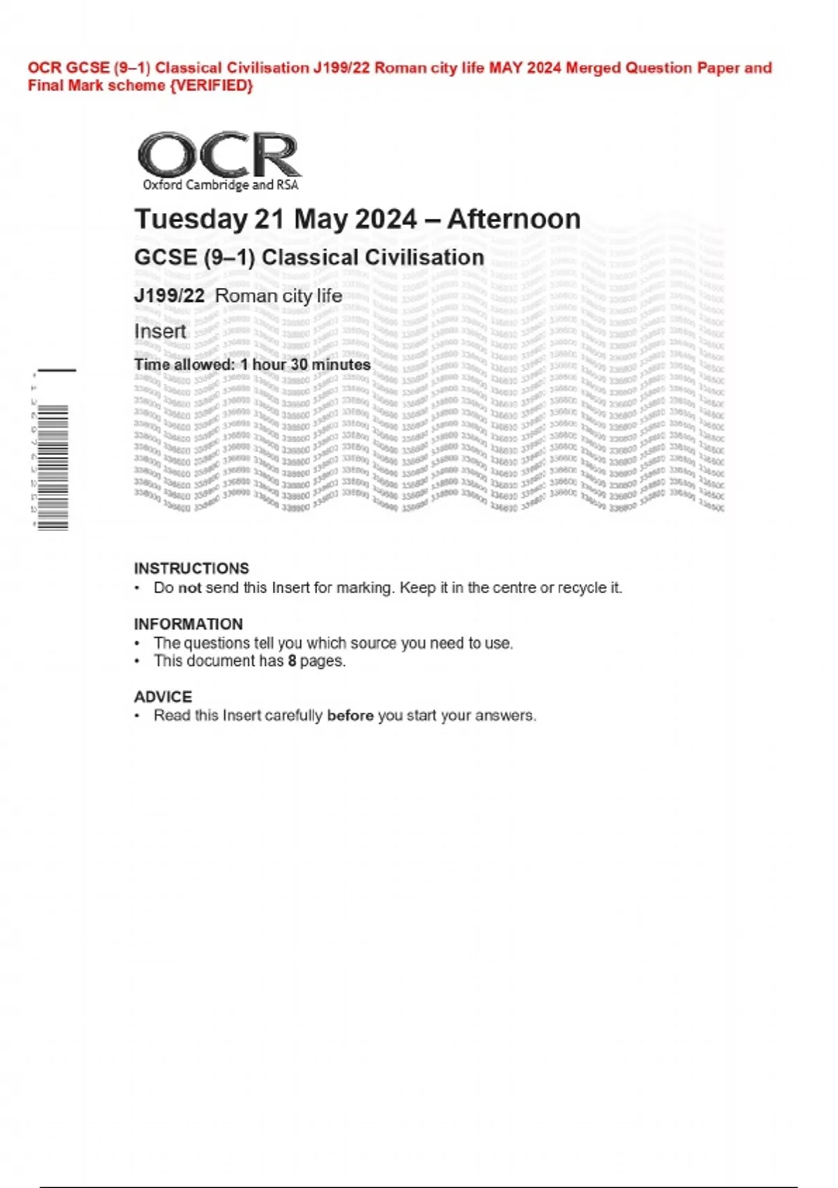OCR GCSE (9–1) Classical Civilisation J199/22 Roman city life MAY 2024 ...