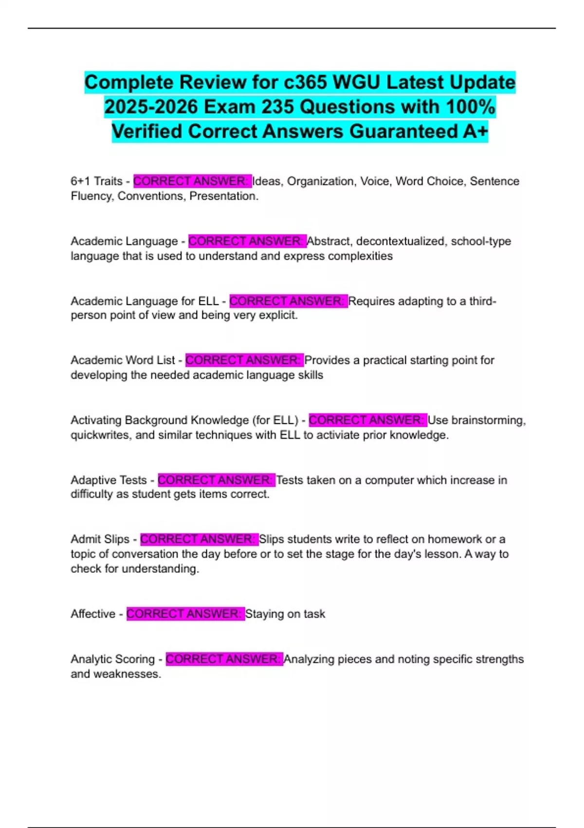 Complete Review for c365 WGU Latest Update Exam 235 Questions with 100% ...