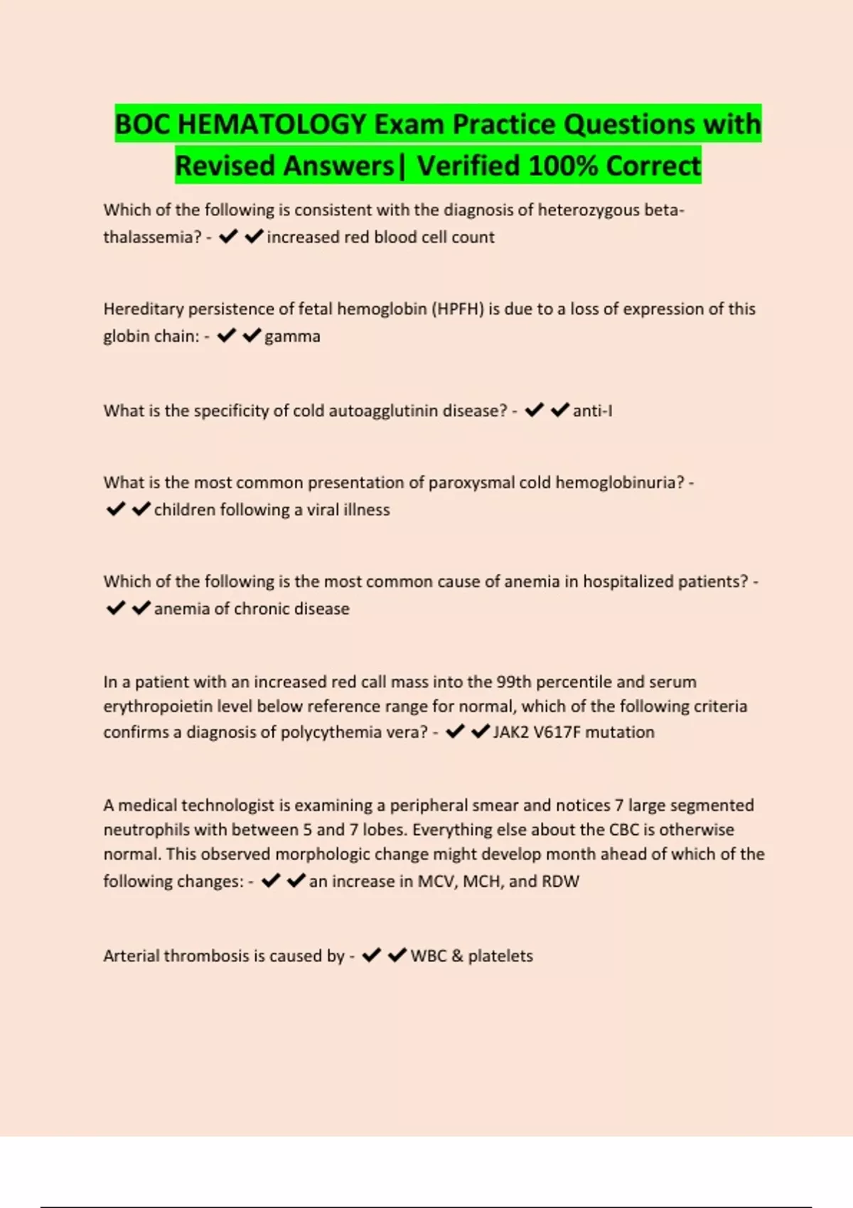BOC HEMATOLOGY Exam Practice Questions with Revised Answers| Verified ...