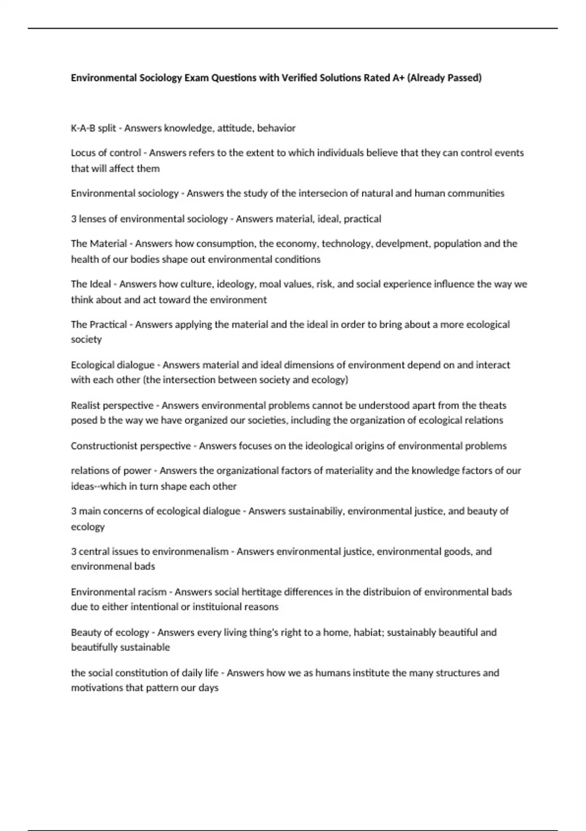 Environmental Sociology Exam Questions with Verified Solutions Rated A+ ...