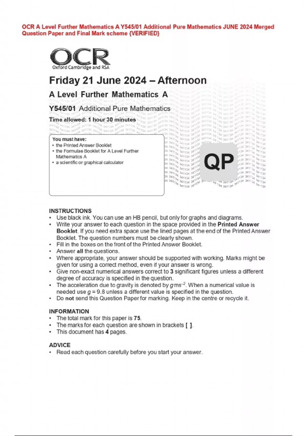 OCR A Level Further Mathematics A Y545/01 Additional Pure Mathematics ...