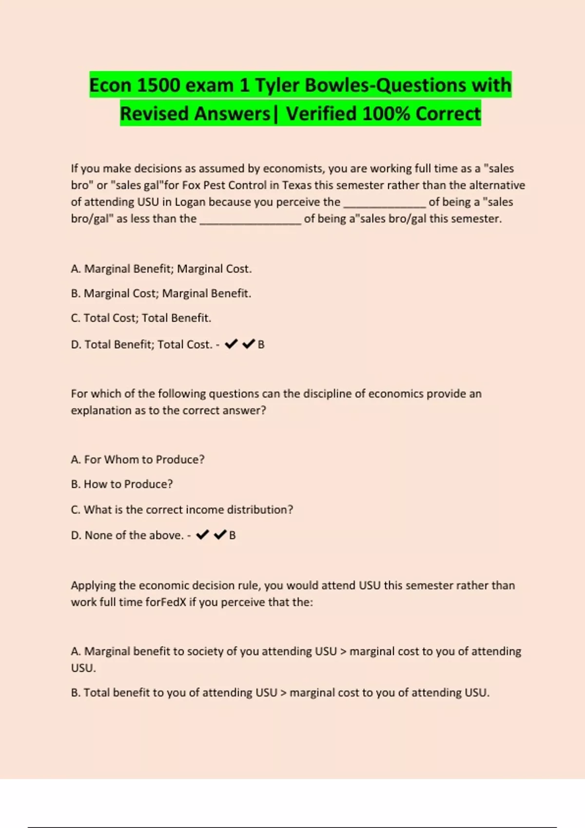 Econ 1500 exam 1 Tyler Bowles-Questions with Revised Answers| Verified ...