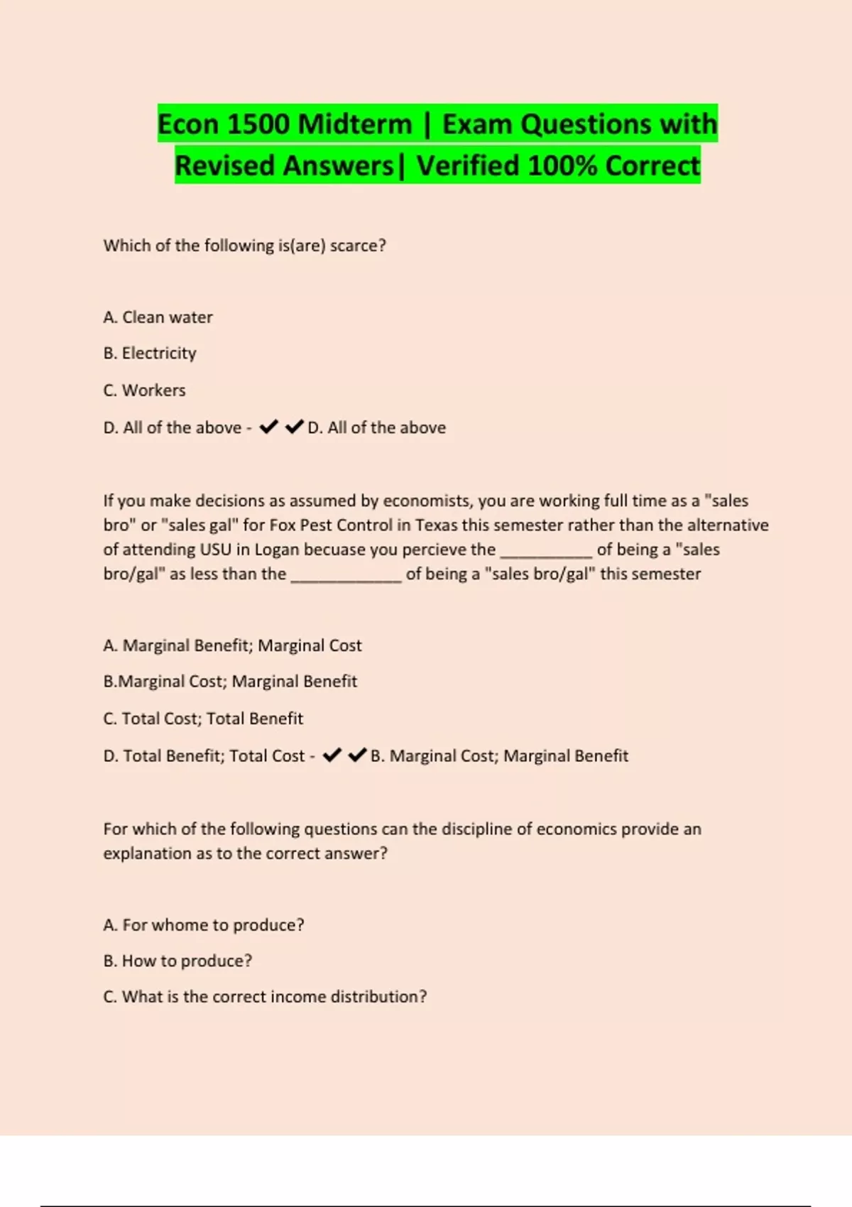 Econ 1500 Midterm | Exam Questions with Revised Answers| Verified 100% Correct - Econ 1500 ...