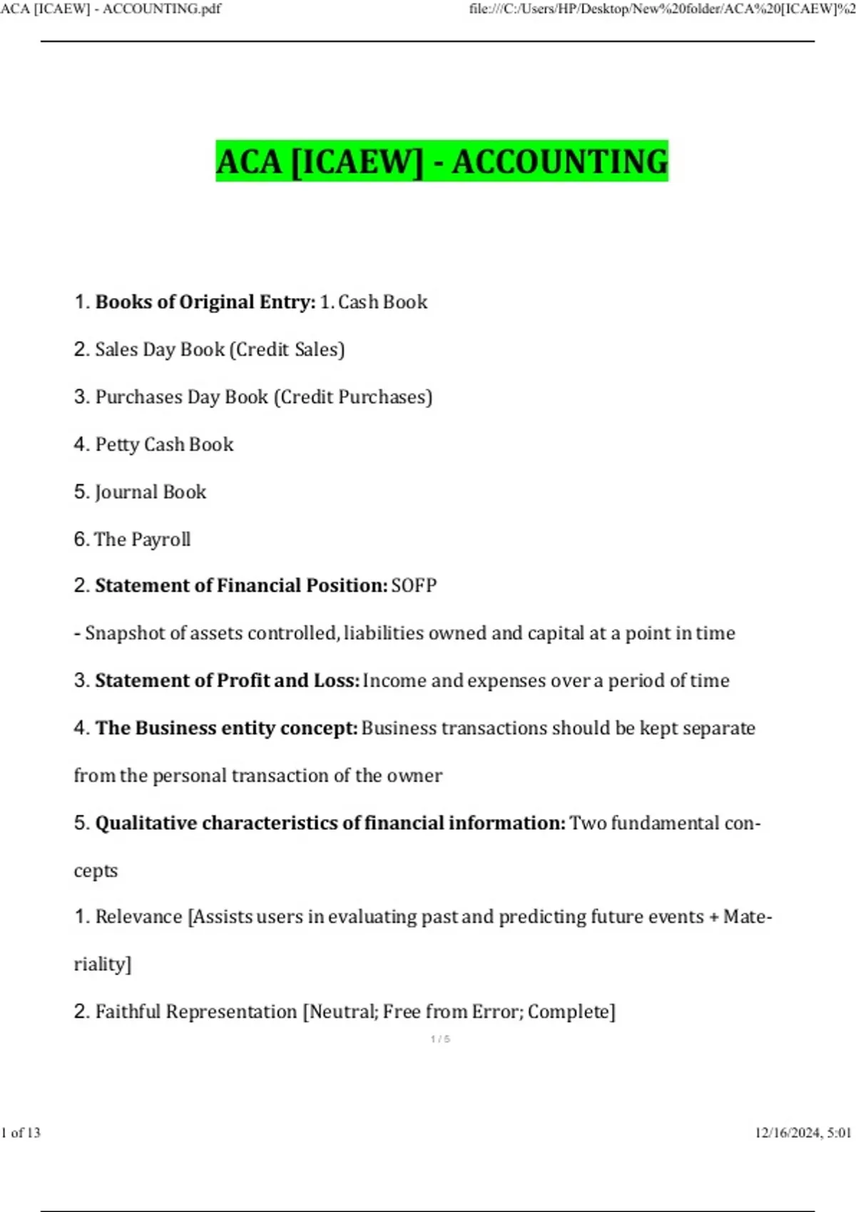 ACA -ICAEW- - ACCOUNTING 2025 Questions and Answers (2025 / 2026) (Verified Answers) - ACA ...