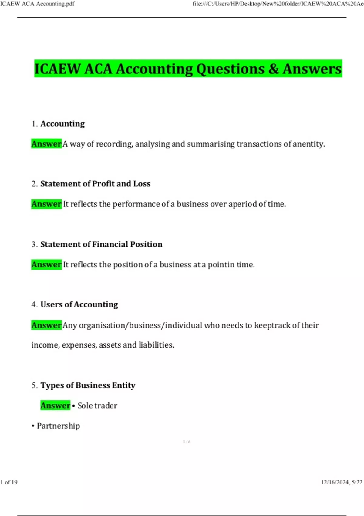 ICAEW ACA Accounting 2025 Questions and Answers (2025 / 2026) (Verified Answers) - ACA - Stuvia US
