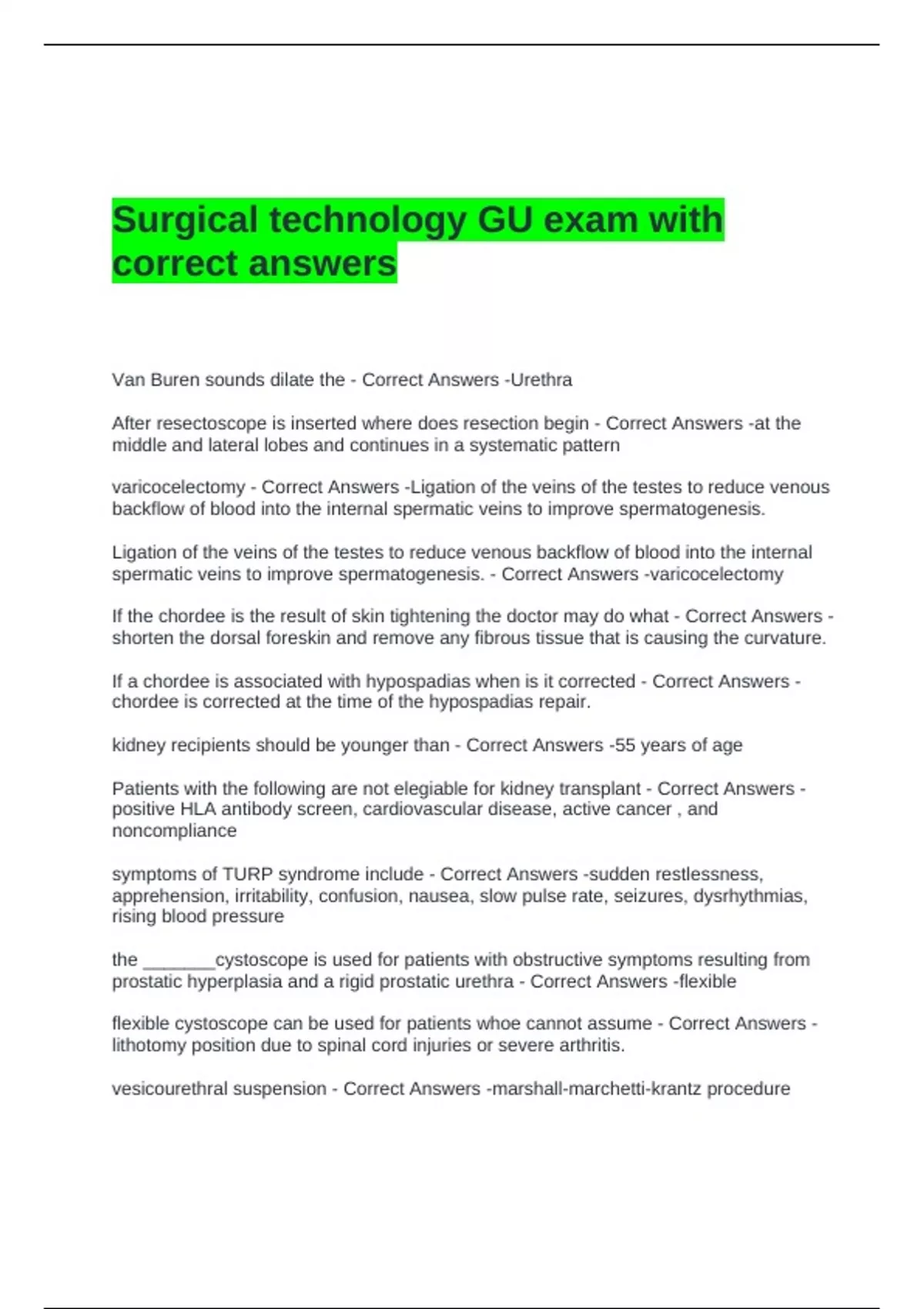 Surgical technology GU exam with correct answers - Surgical Technology ...