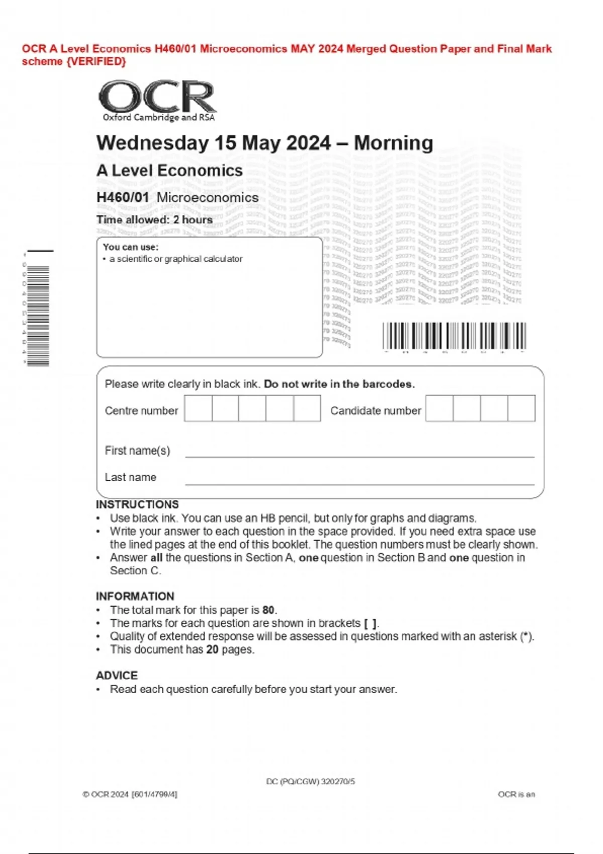 OCR A Level Economics 2024 Question Paper and Mark scheme - Stuvia US