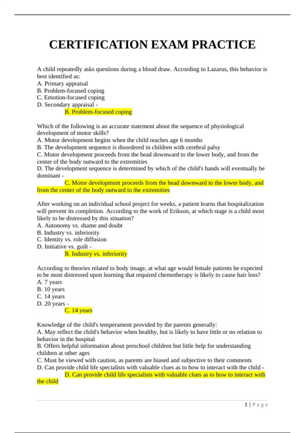 CERTIFICATION EXAM PRACTICE - Child life certification - Stuvia US