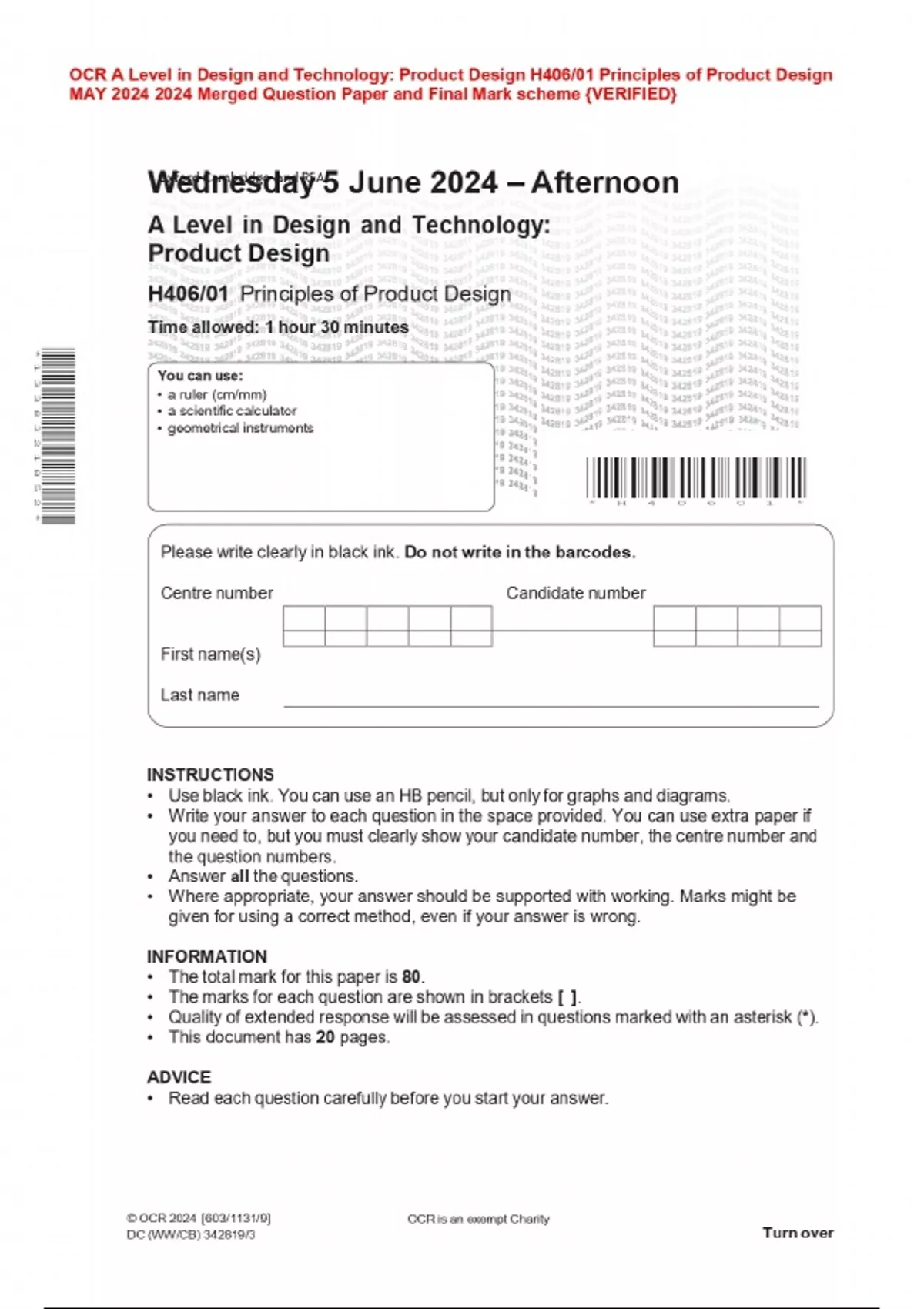 OCR A Level in Design and Technology 2024 Question Paper and Mark ...