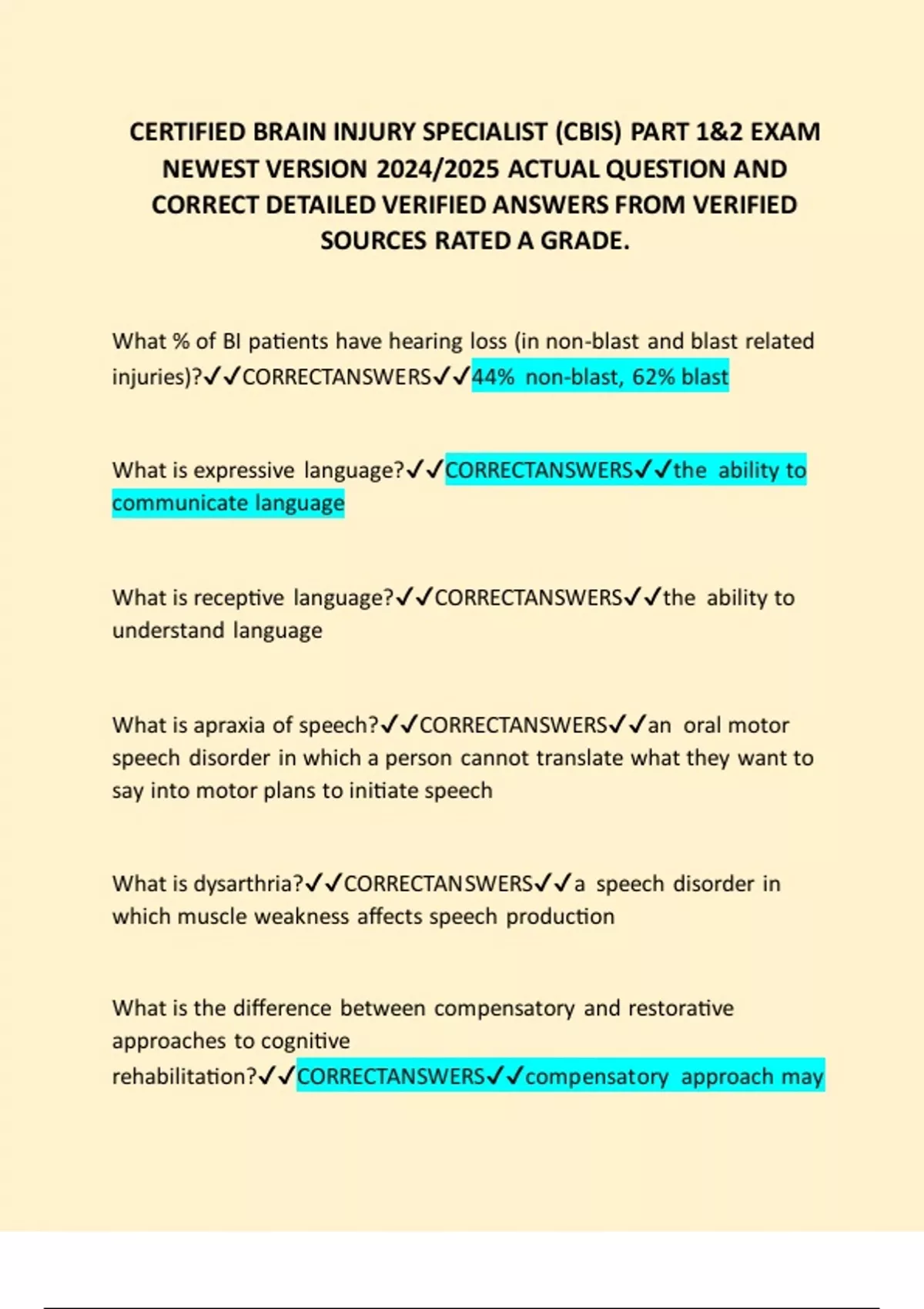 CERTIFIED BRAIN INJURY SPECIALIST (CBIS) PART 1&2 EXAM NEWEST VERSION ...