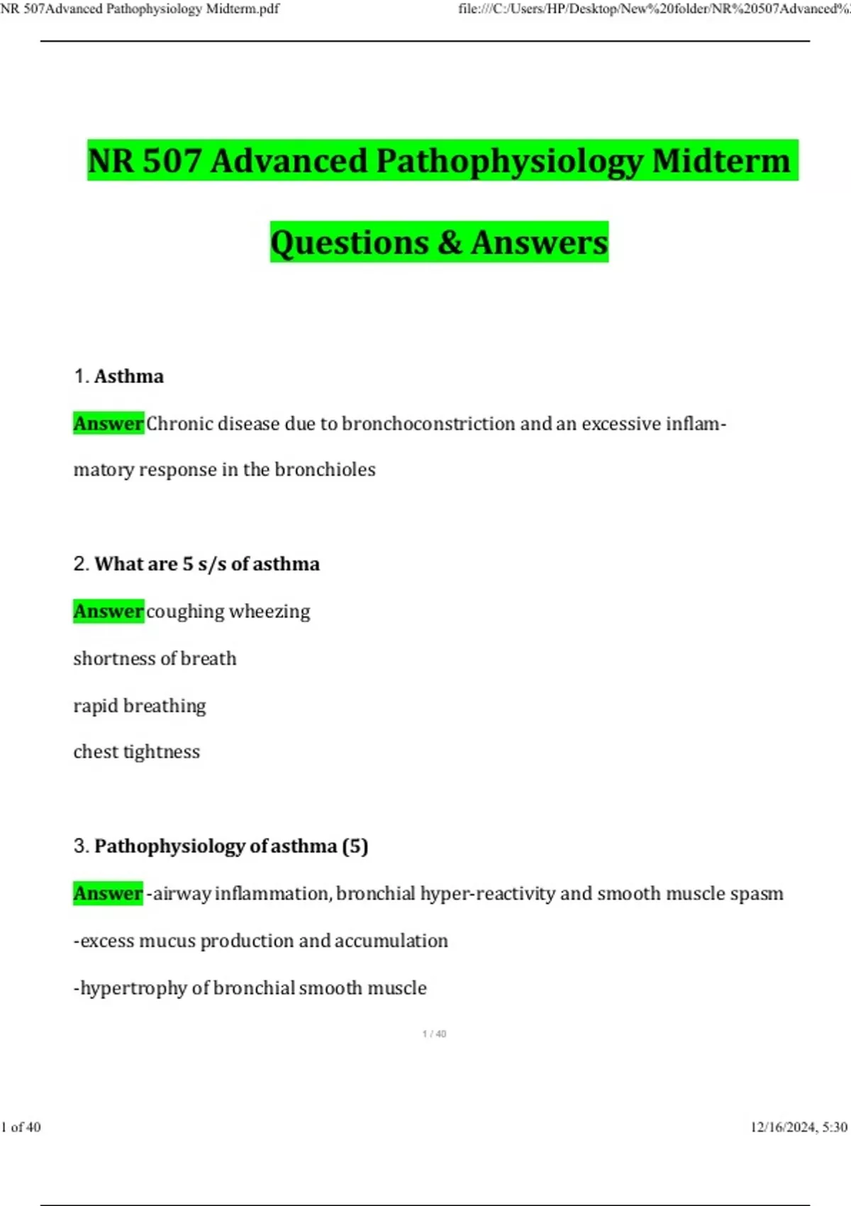 NR 507 Advanced Pathophysiology Midterm Exam 2025 Questions and Answers (2025 / 2026) (Verified ...