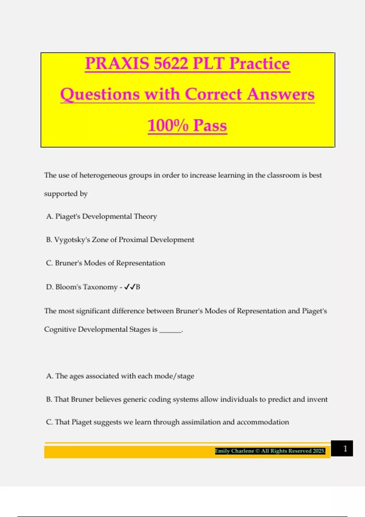 PRAXIS 5622 PLT Practice Questions with Correct Answers 100% Pass ...