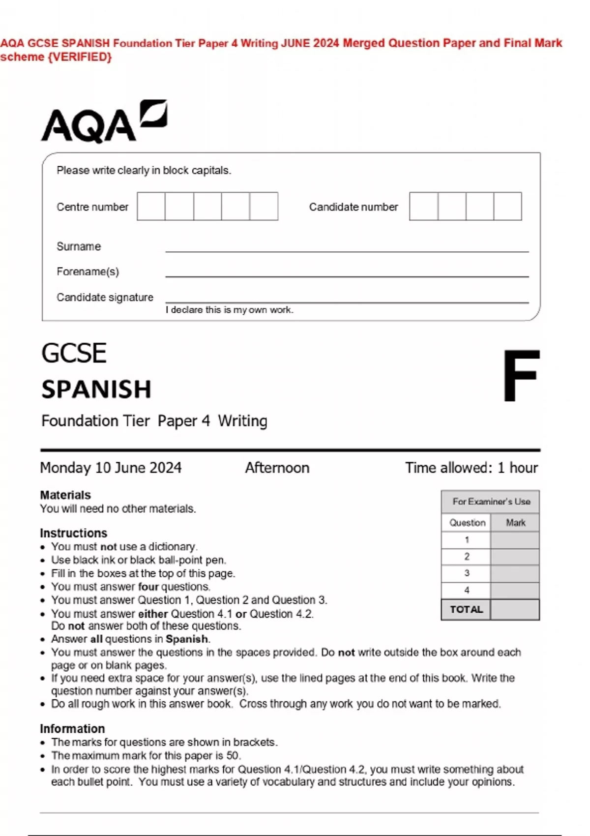 AQA GCSE SPANISH Foundation Tier Paper 4 Writing JUNE 2024 Merged ...