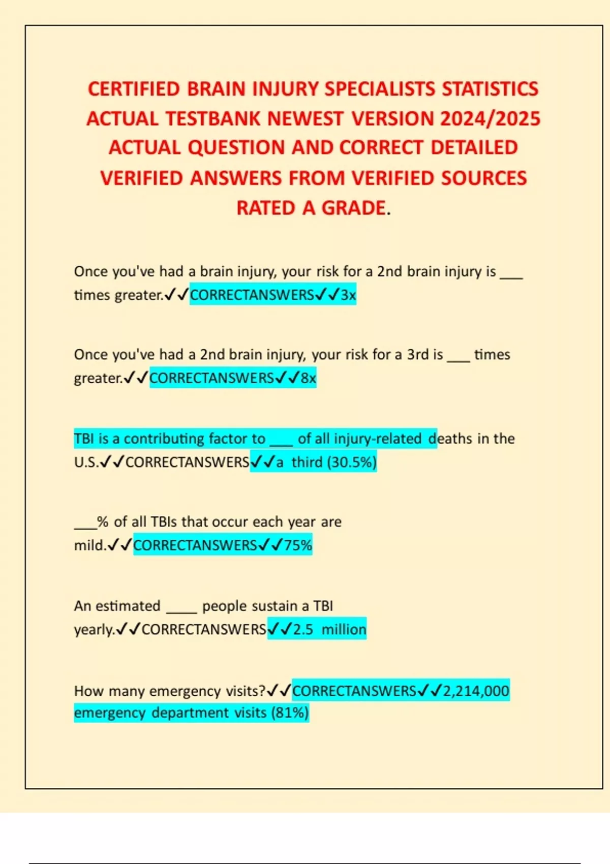 CERTIFIED BRAIN INJURY SPECIALISTS STATISTICS CBIS ACTUAL TESTBANK ...
