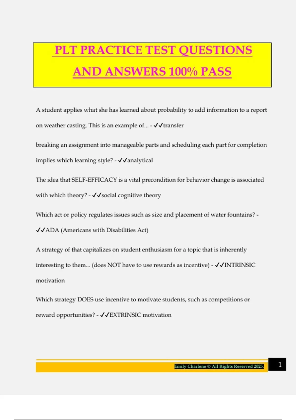 PLT PRACTICE TEST QUESTIONS AND ANSWERS 100% PASS - Praxis - Stuvia US