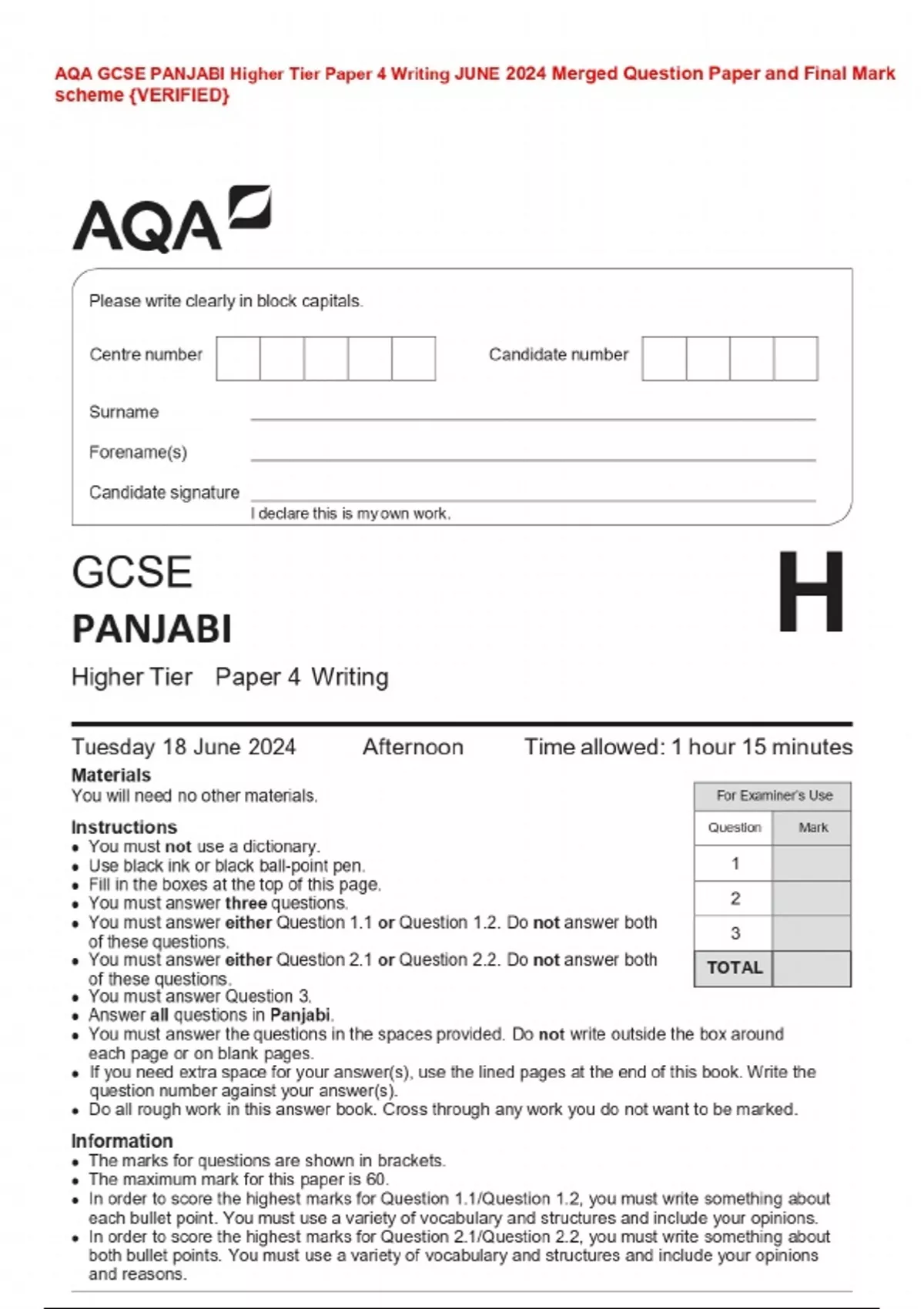 AQA GCSE PANJABI Higher Tier Paper 4 Writing JUNE 2024 Merged Question ...