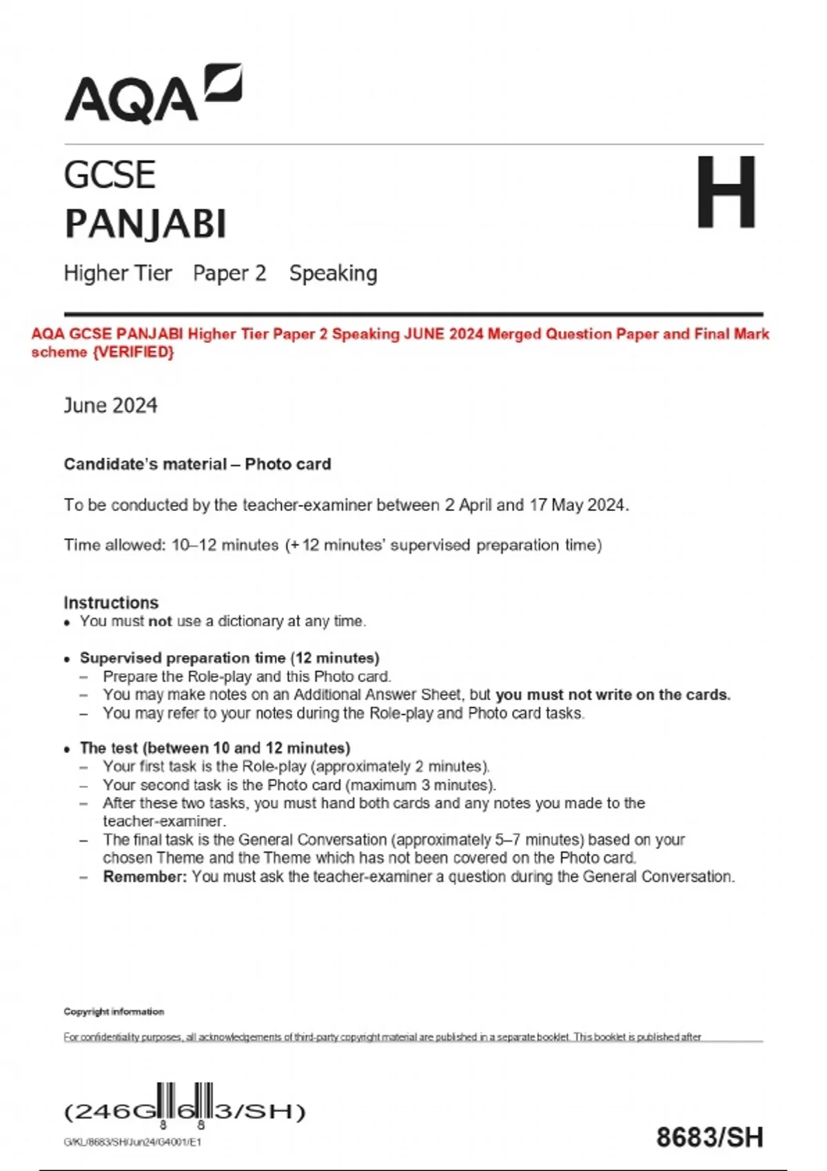 AQA GCSE PANJABI Higher Tier Paper 2 Speaking JUNE 2024 Merged Question ...