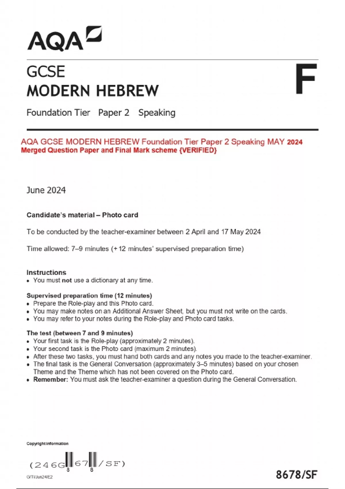 AQA GCSE MODERN HEBREW Foundation Tier Paper 2 Speaking MAY 2024 Merged ...