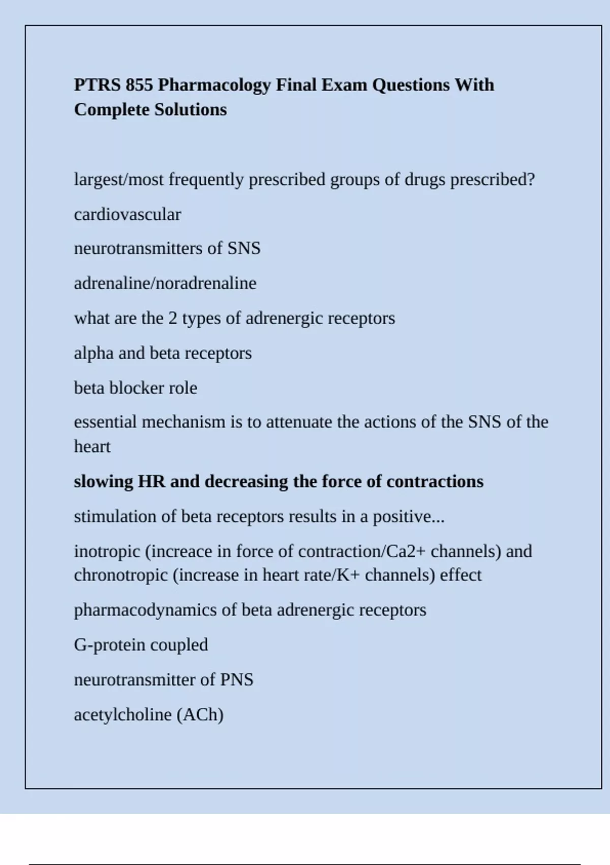 PTRS 855 Pharmacology Final Exam Questions With Complete Solutions ...