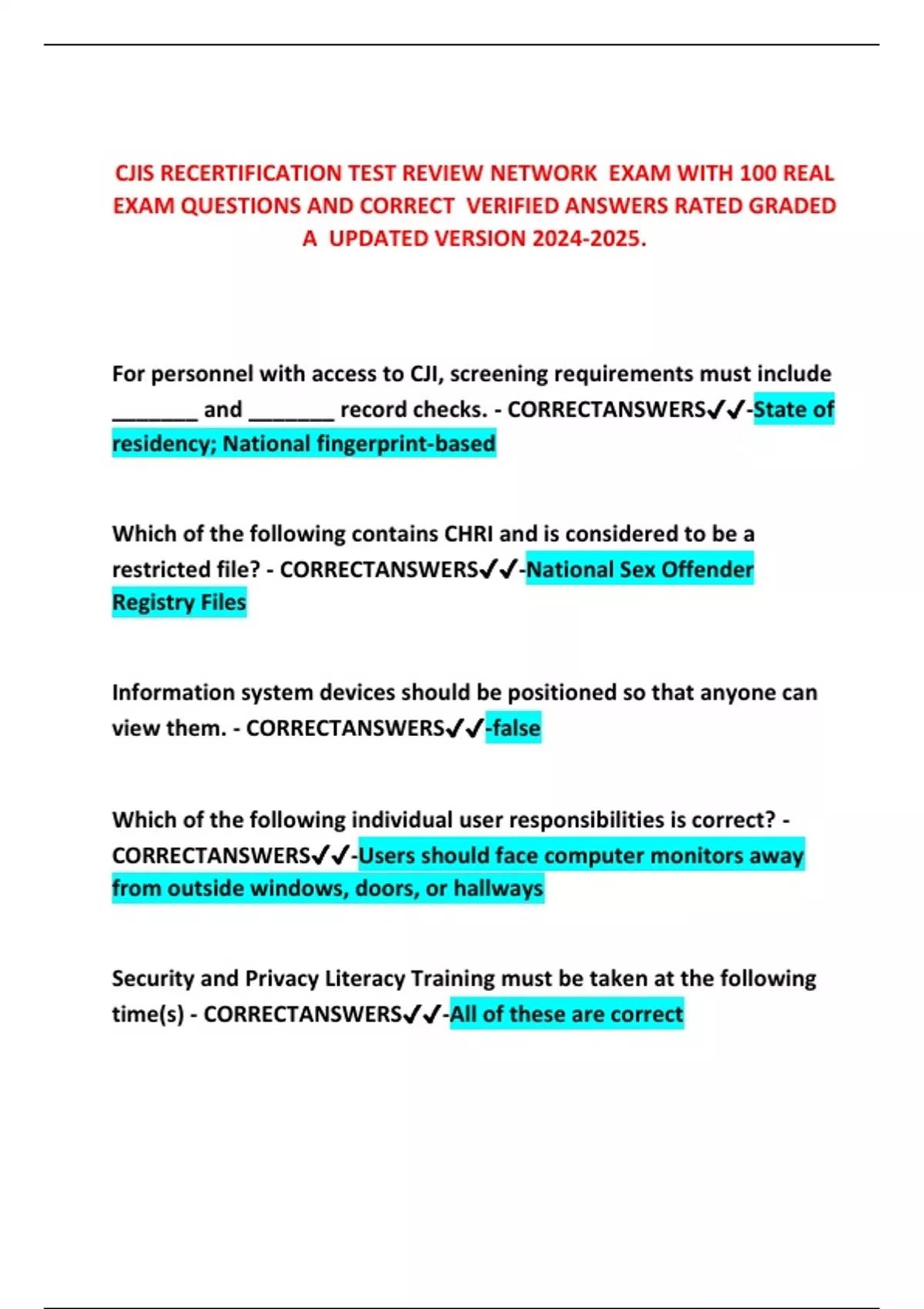 CJIS RECERTIFICATION TEST REVIEW NETWORK EXAM WITH 100 REAL EXAM ...