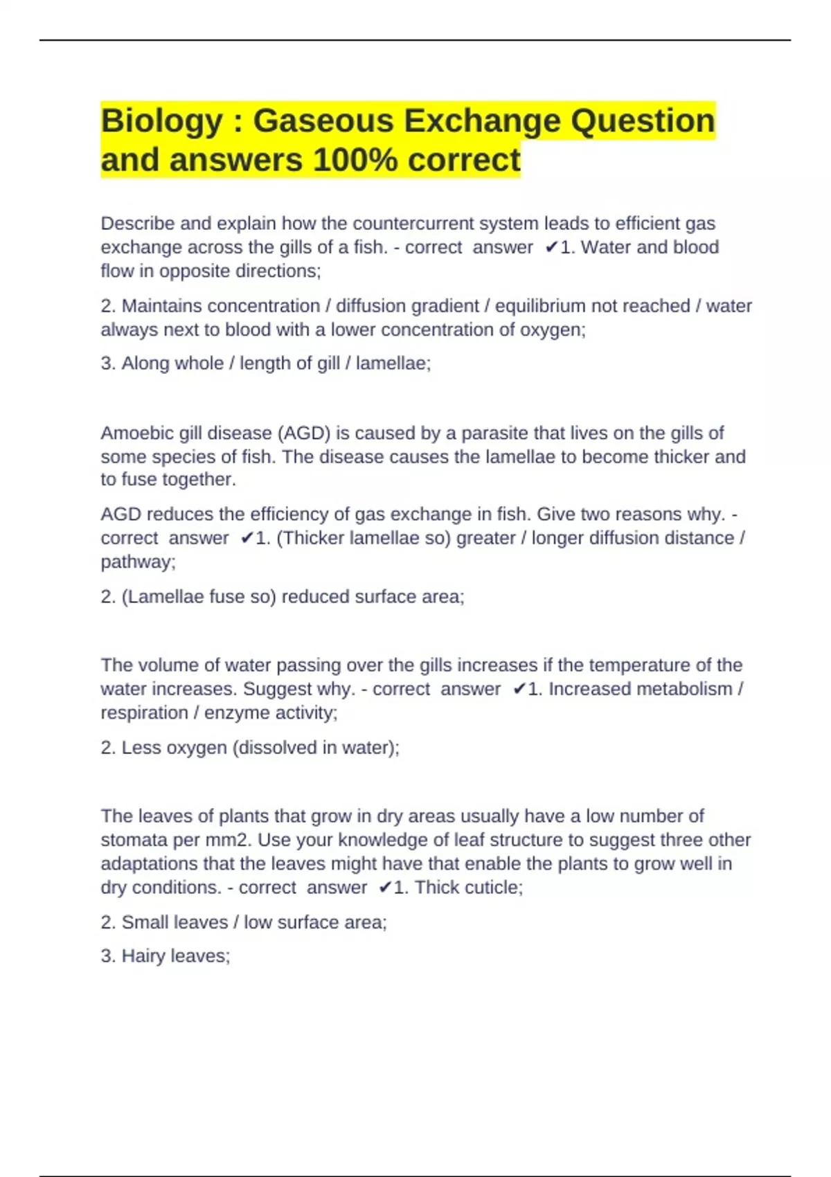 Biology : Gaseous Exchange Question and answers 100% correct - LOWERN ...