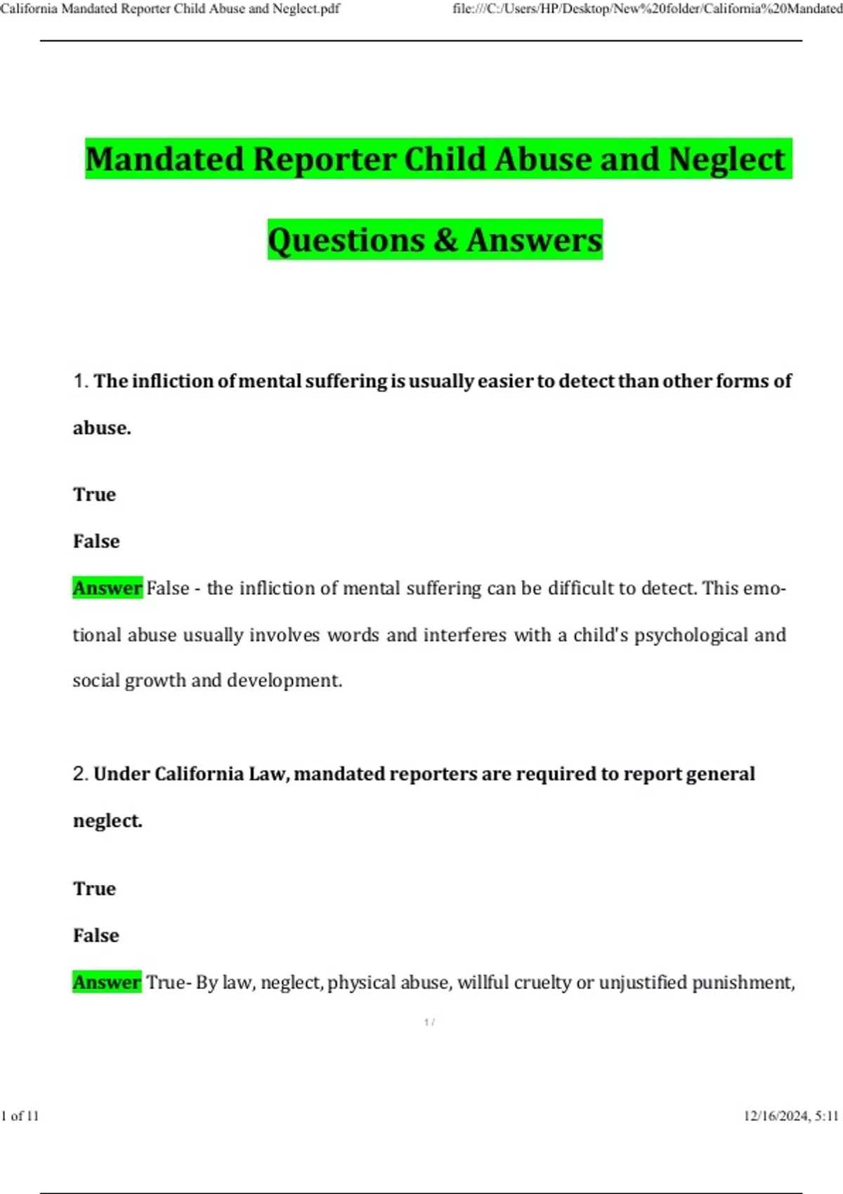 California Mandated Reporter Child Abuse and Neglect 2025 Questions and ...