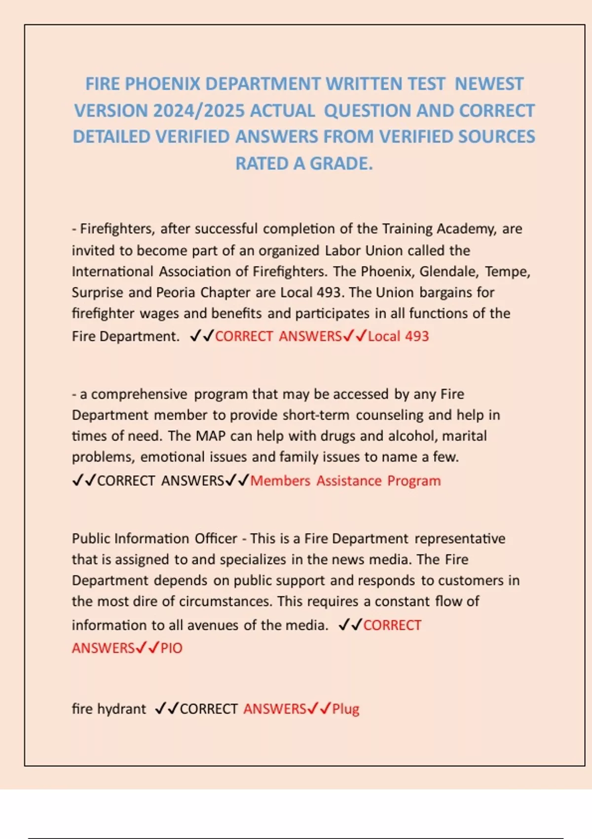 FIRE PHOENIX DEPARTMENT WRITTEN TEST NEWEST VERSION 2024/2025 ACTUAL ...