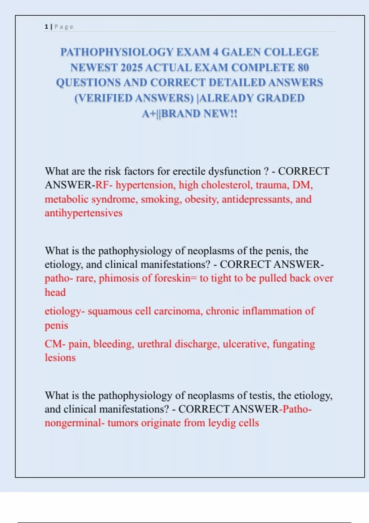 PATHOPHYSIOLOGY EXAM 4 GALEN COLLEGE NEWEST 2025 ACTUAL EXAM COMPLETE ...