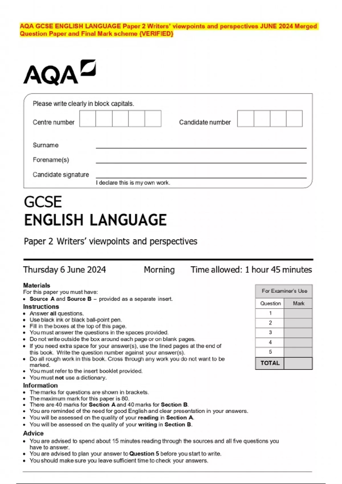 AQA GCSE ENGLISH LANGUAGE Paper 2 Writers’ viewpoints and perspectives ...
